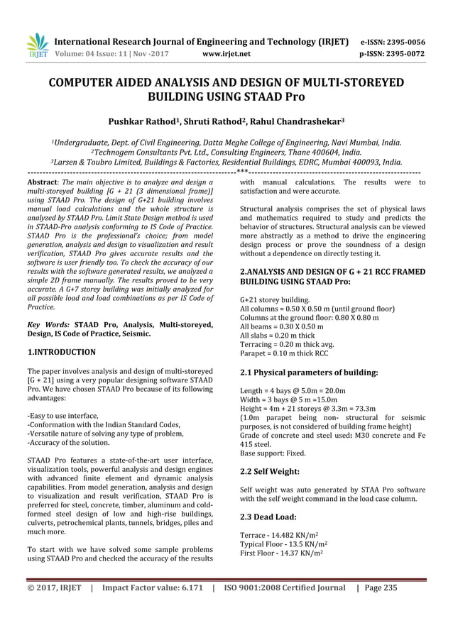 Computer Aided Analysis and Design of Multi-Storeyed Building using Staad Pro | PDF