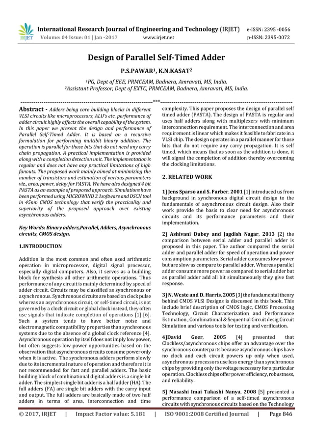 Design of Parallel Self-Timed Adder | PDF
