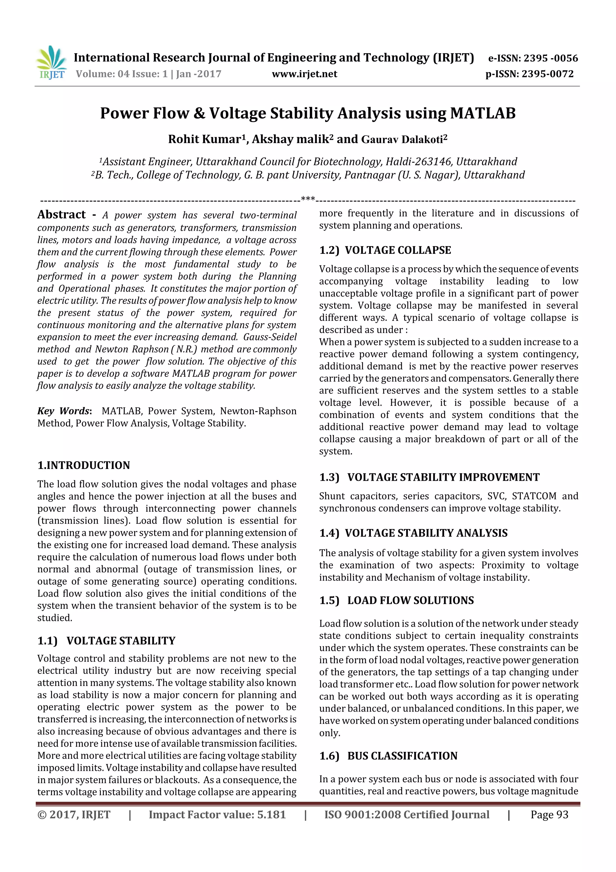IRJET-Power Flow & Voltage Stability Analysis using MATLAB | PDF
