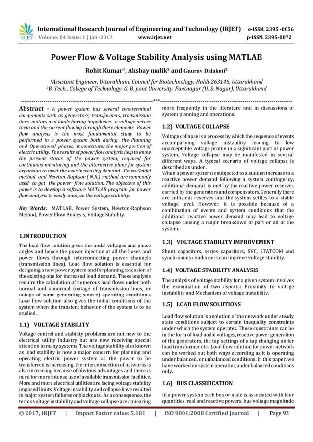 IRJET-Power Flow & Voltage Stability Analysis using MATLAB | PDF