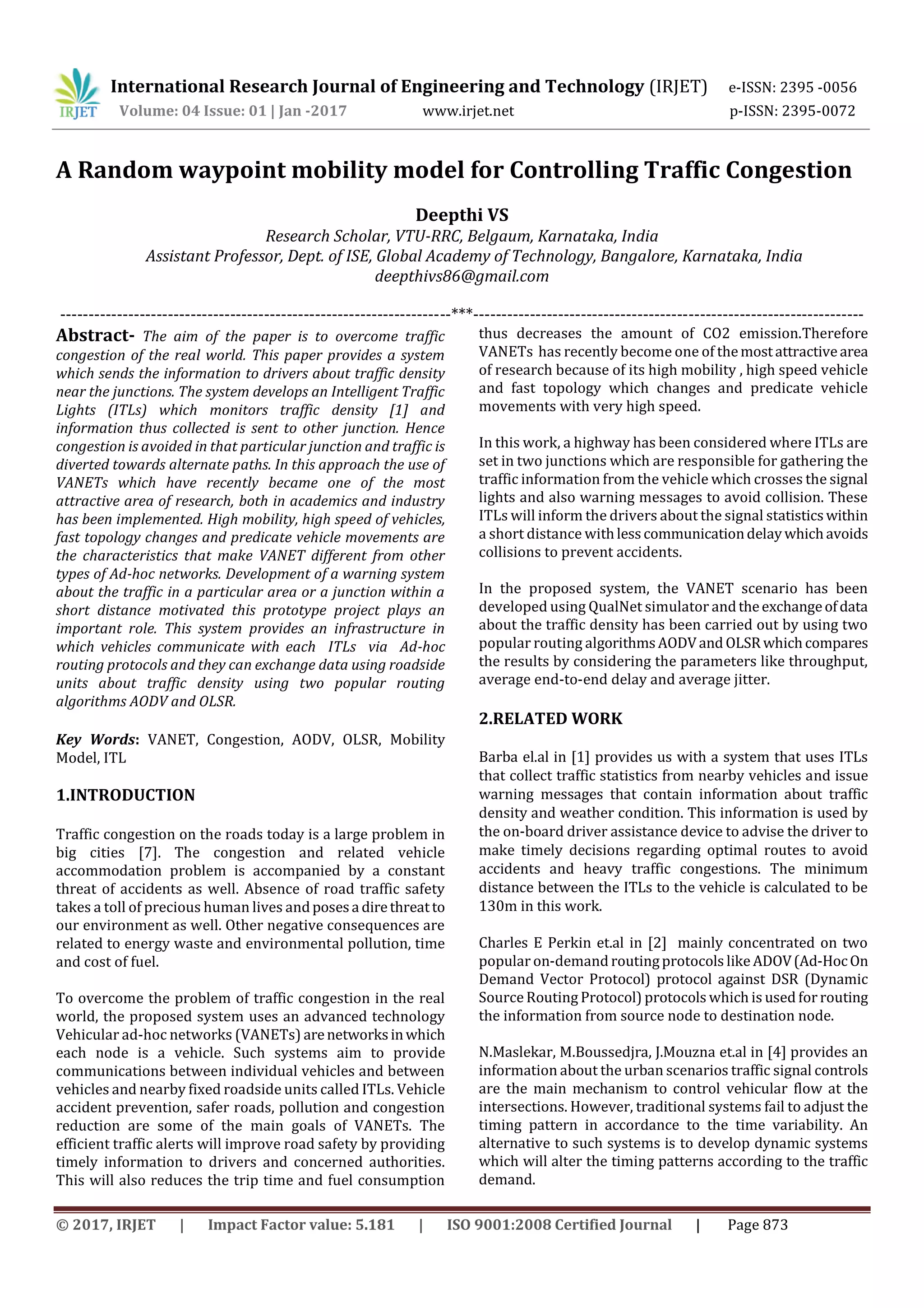 A Random Waypoint Mobility Model For Controlling Traffic Congestion Pdf