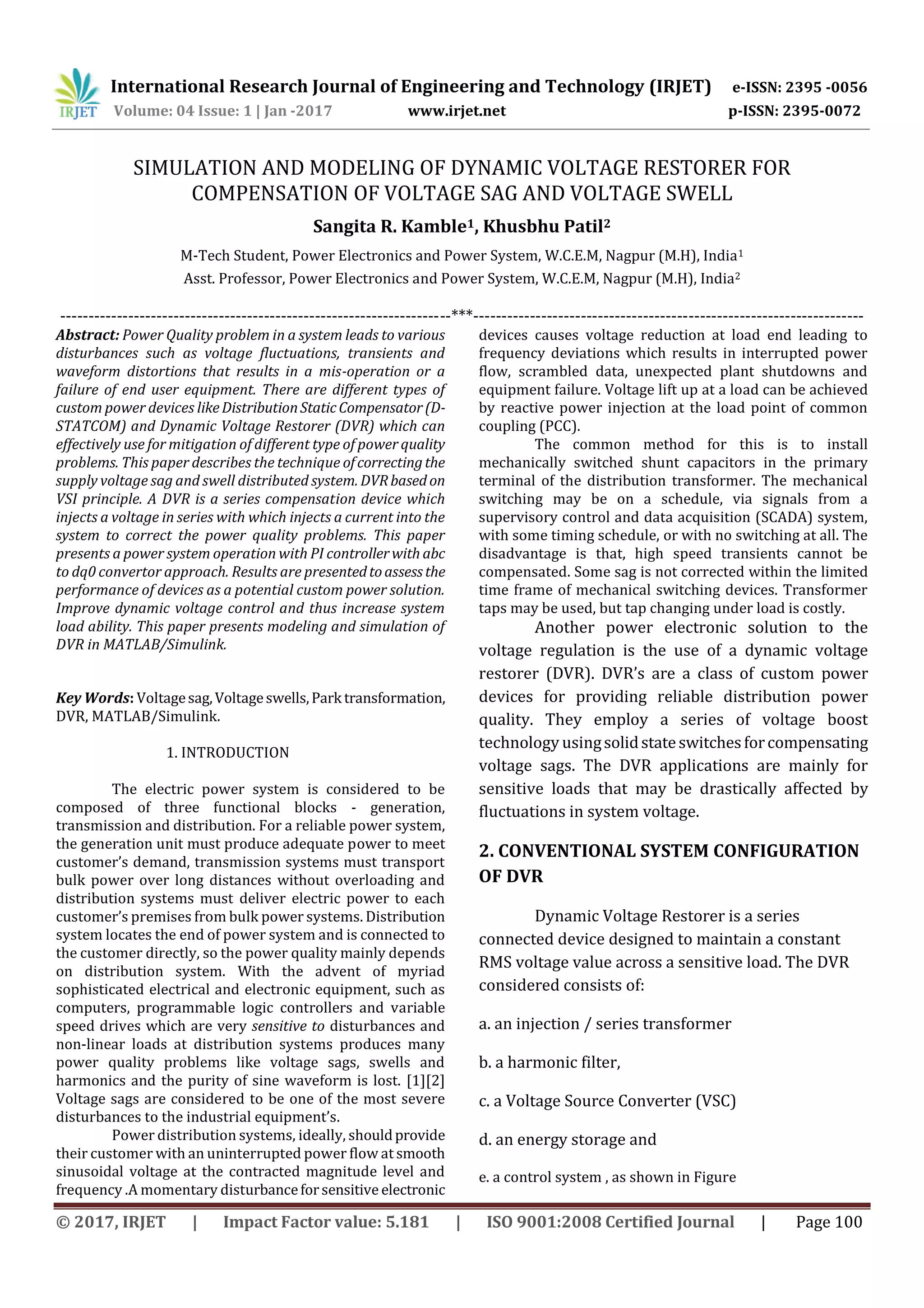 IRJET-Simulation and Modeling of Dynamic Voltage Restorer for Compensation Of Voltage Sag and ...