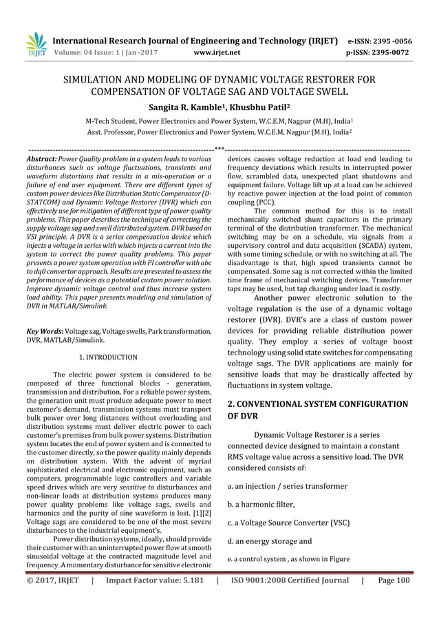 Simulation And Modeling Of Dynamic Voltage Restorer For Compensation Of