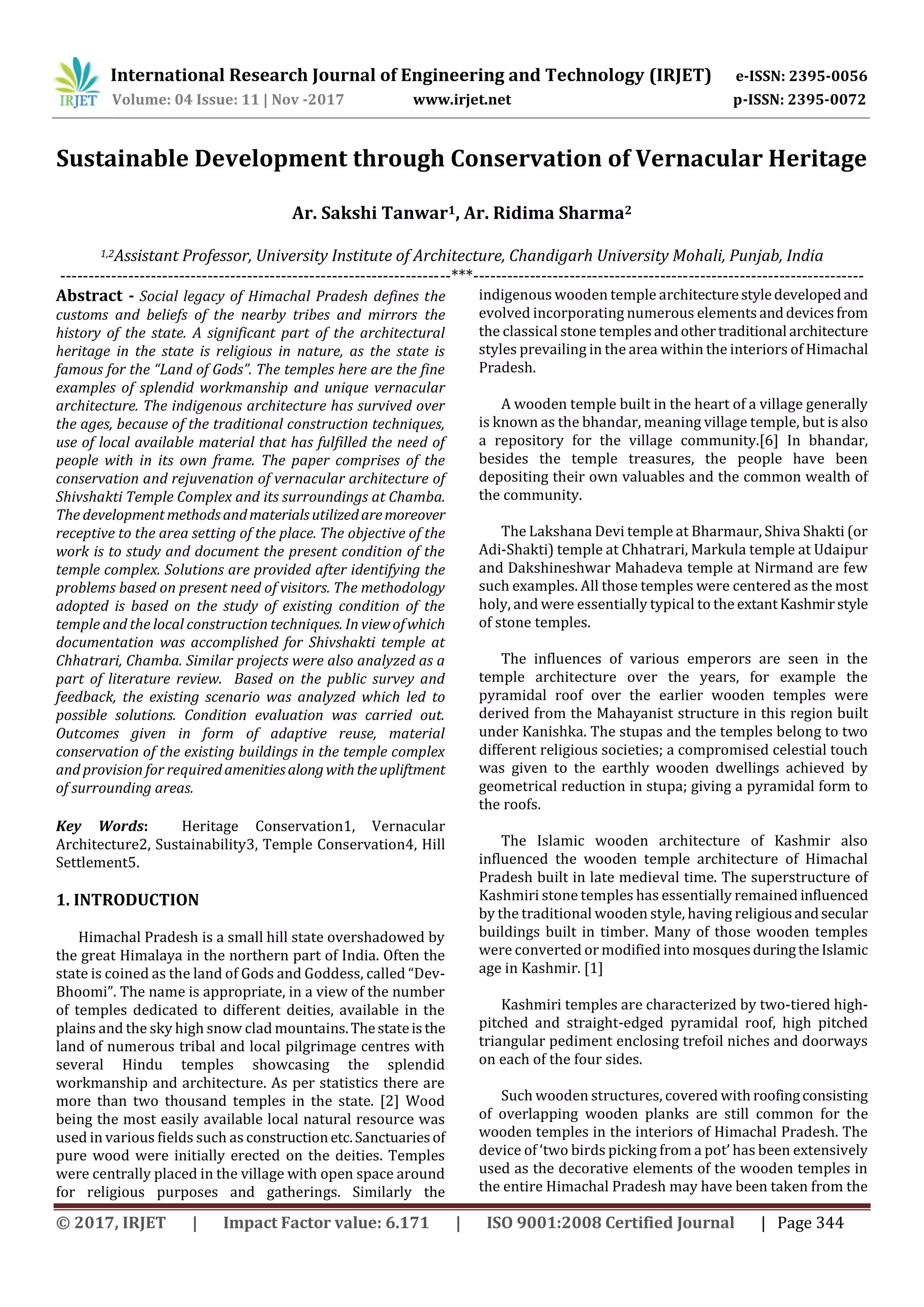 Sustainable Development through Conservation of Vernacular Heritage | PDF