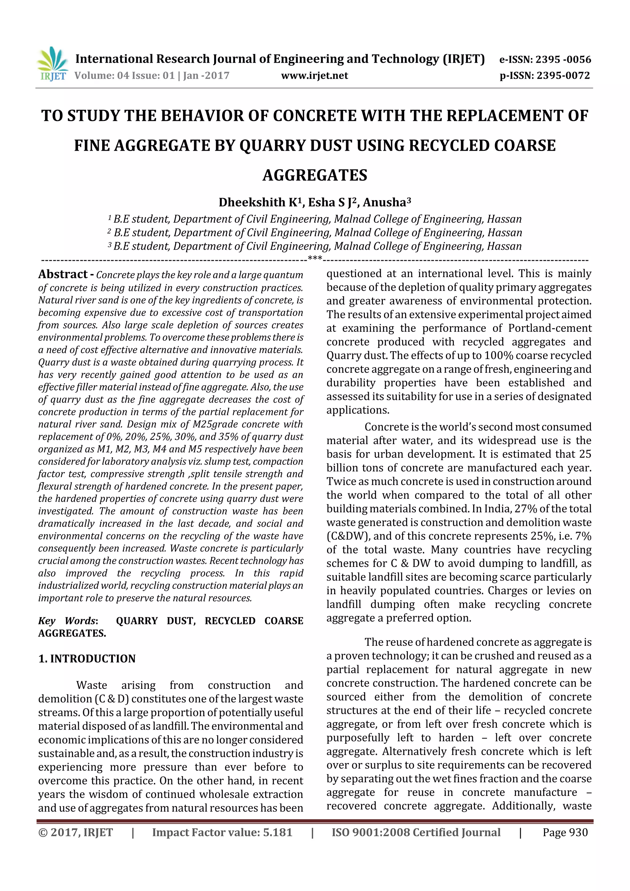 To Study the Behavior of Concrete With the Replacement of Fine ...