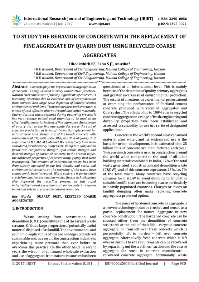 To Study the Behavior of Concrete With the Replacement of Fine ...