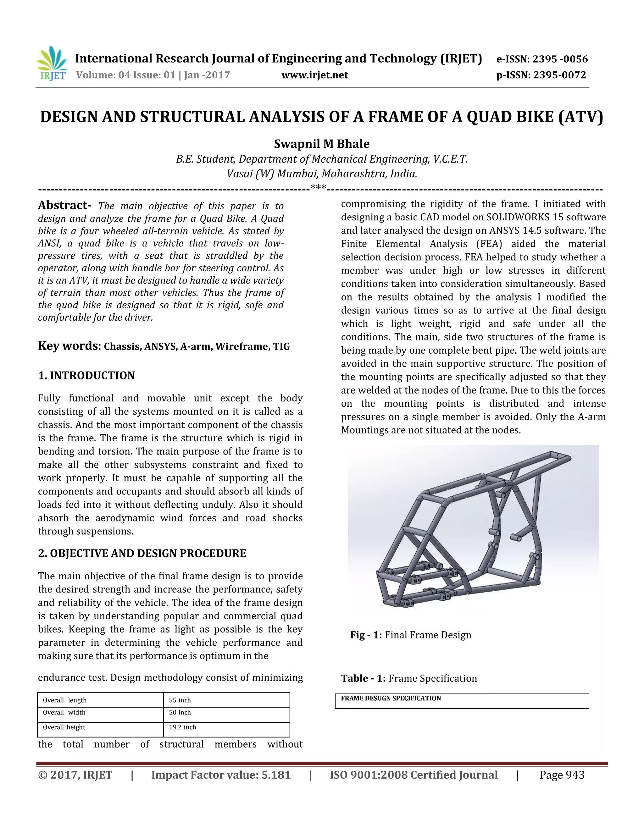 Design and Structural Analysis of a Frame of a Quad Bike (ATV) | PDF