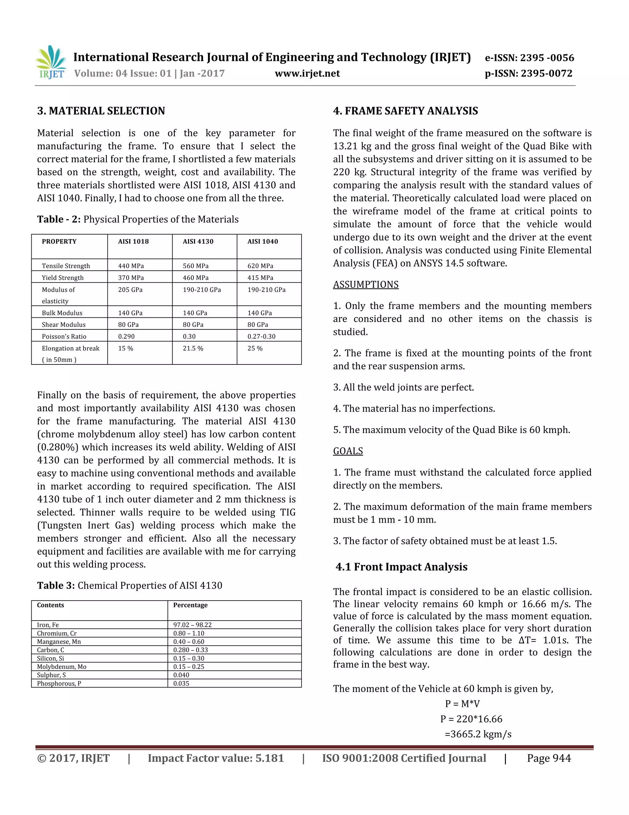 Design and Structural Analysis of a Frame of a Quad Bike (ATV) | PDF