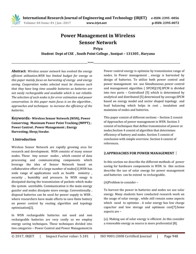 Power Management in Wireless Sensor Network | PDF
