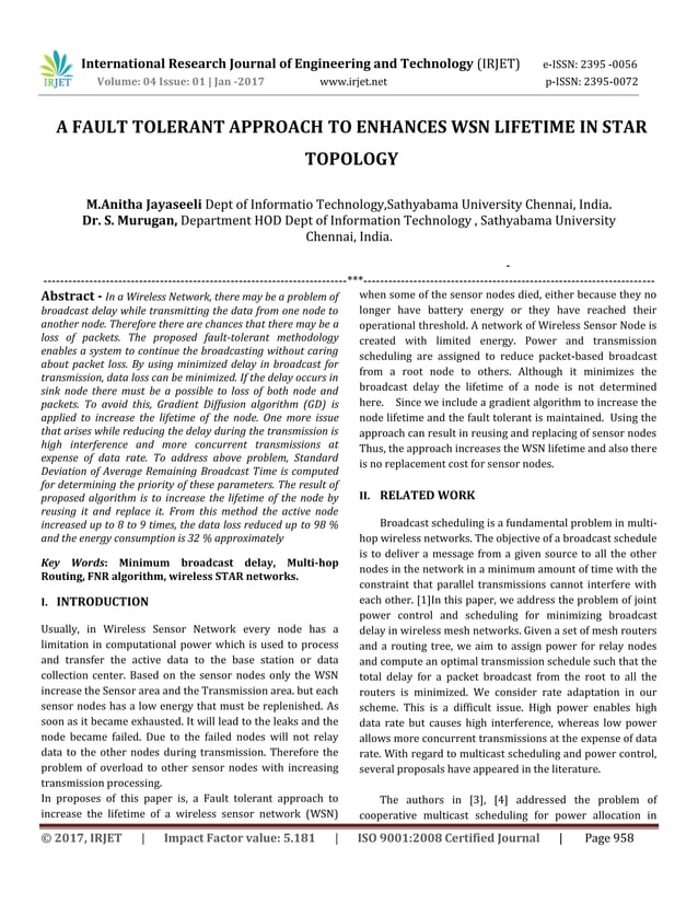 A Fault Tolerant Approach To Enhances Wsn Lifetime In Star Topology Pdf