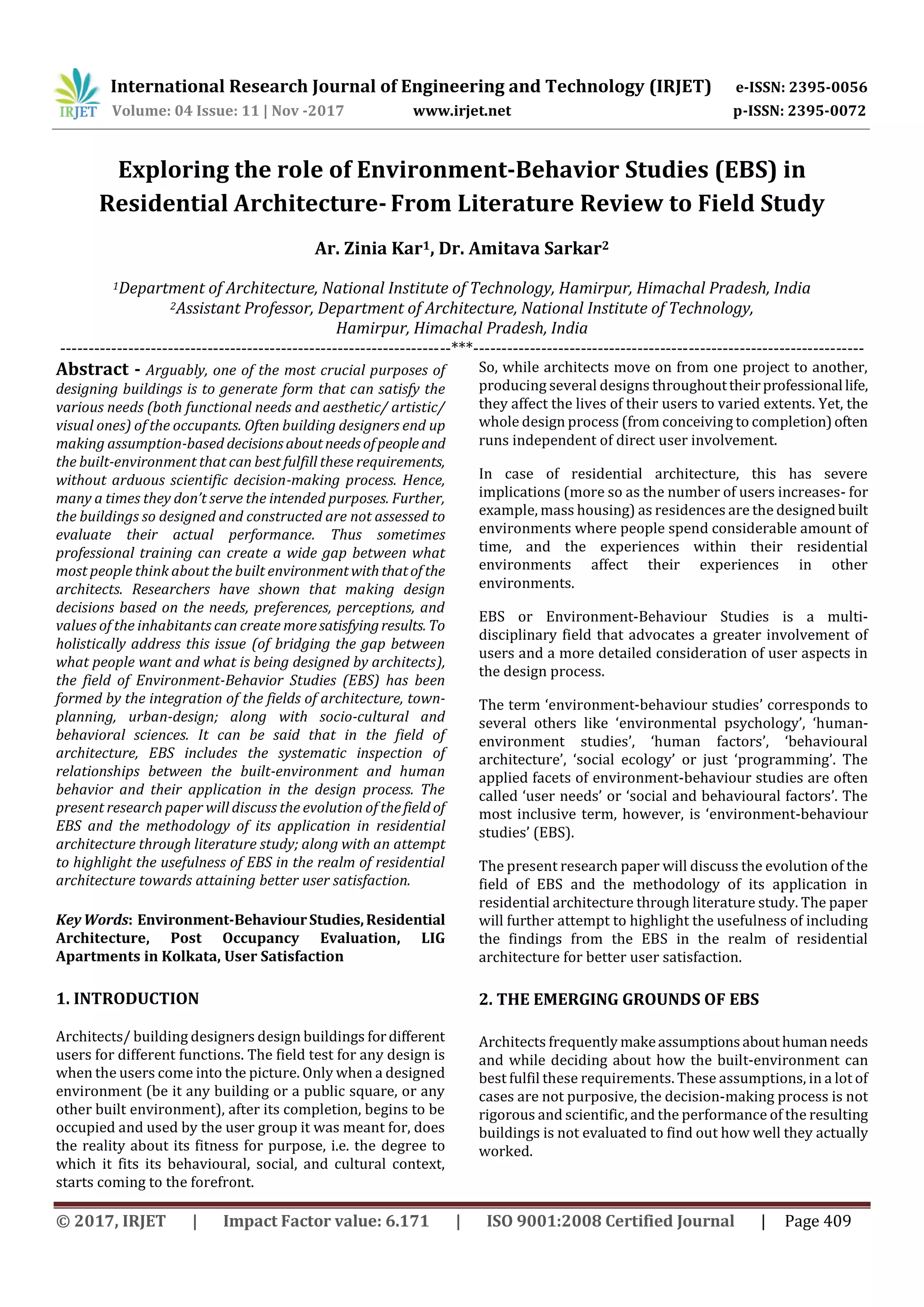 Exploring the Role of Environment-Behavior Studies (EBS) in Residential ...