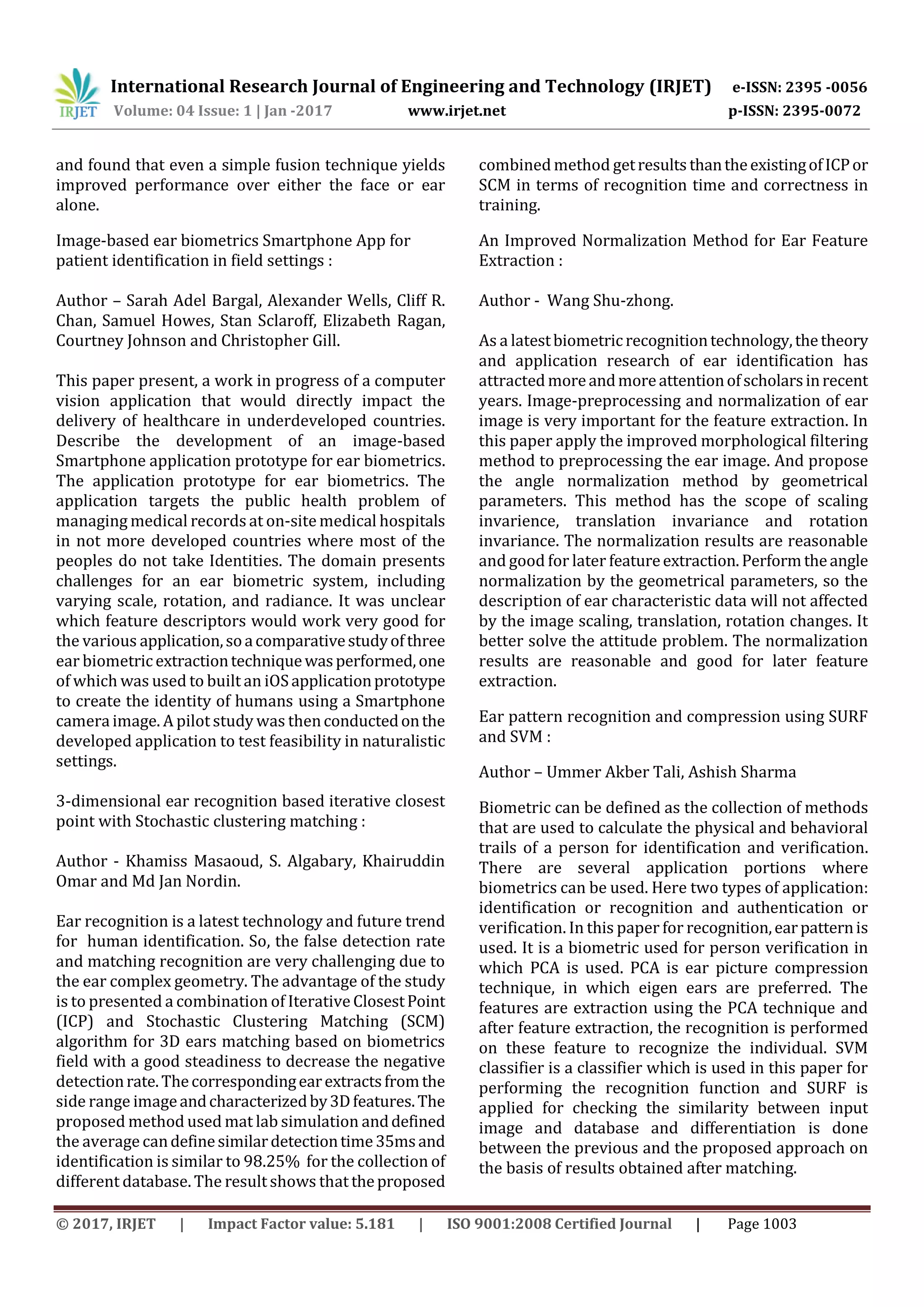 Biometric Ear Recognition System Pdf