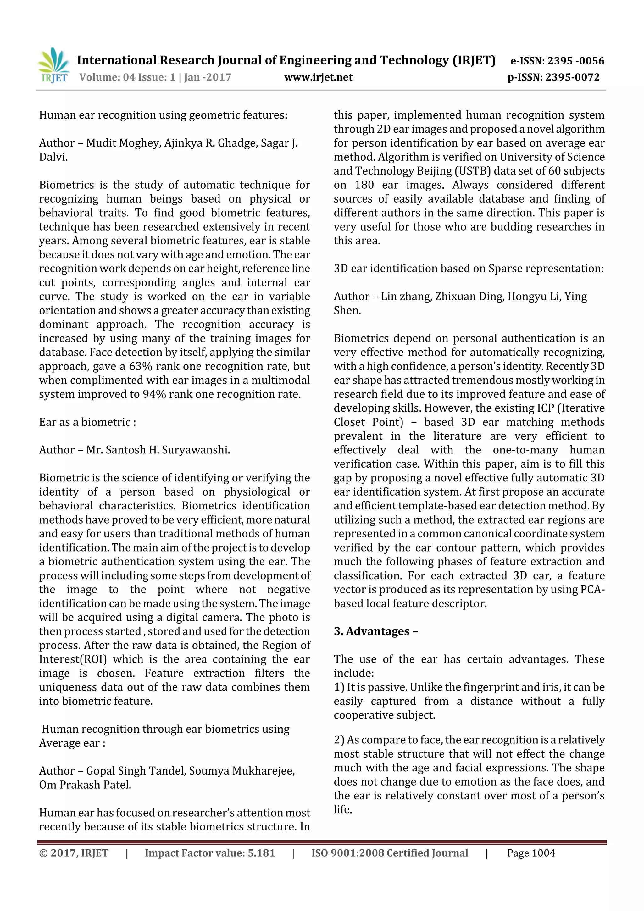 Biometric Ear Recognition System | PDF