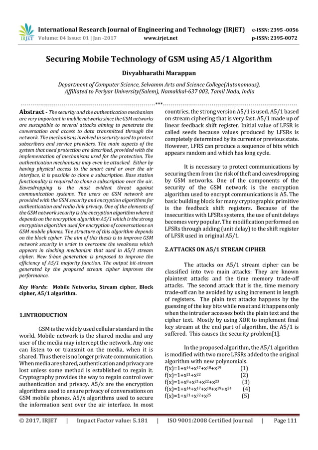 Securing Mobile Technology Of Gsm Using A5 1 Algorithm Pdf