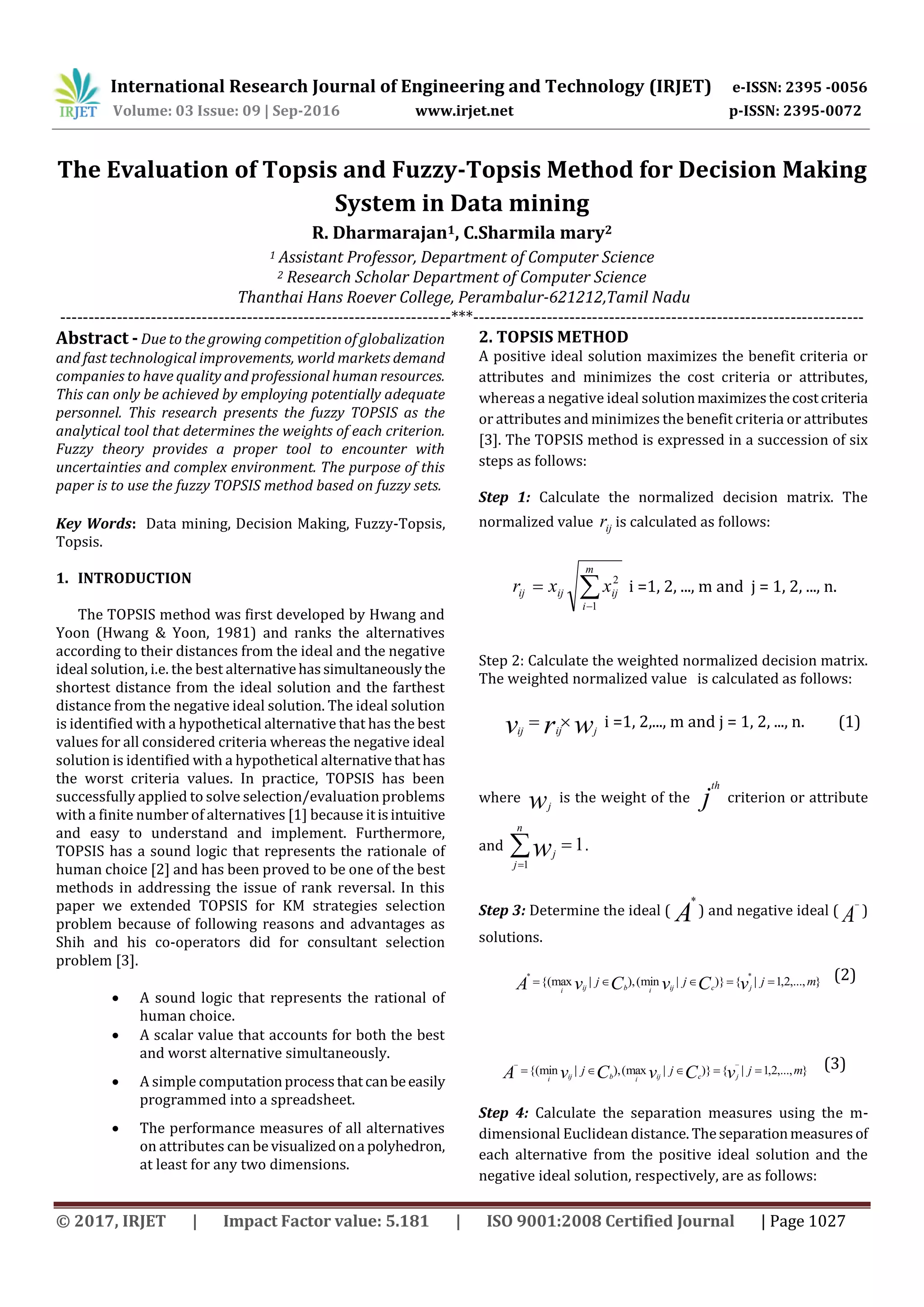 The Evaluation of Topsis and Fuzzy-Topsis Method for Decision Making System in Data mining | PDF ...