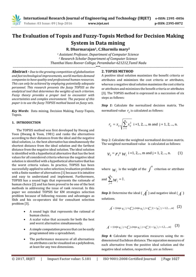 The Evaluation of Topsis and Fuzzy-Topsis Method for Decision Making System in Data mining | PDF ...