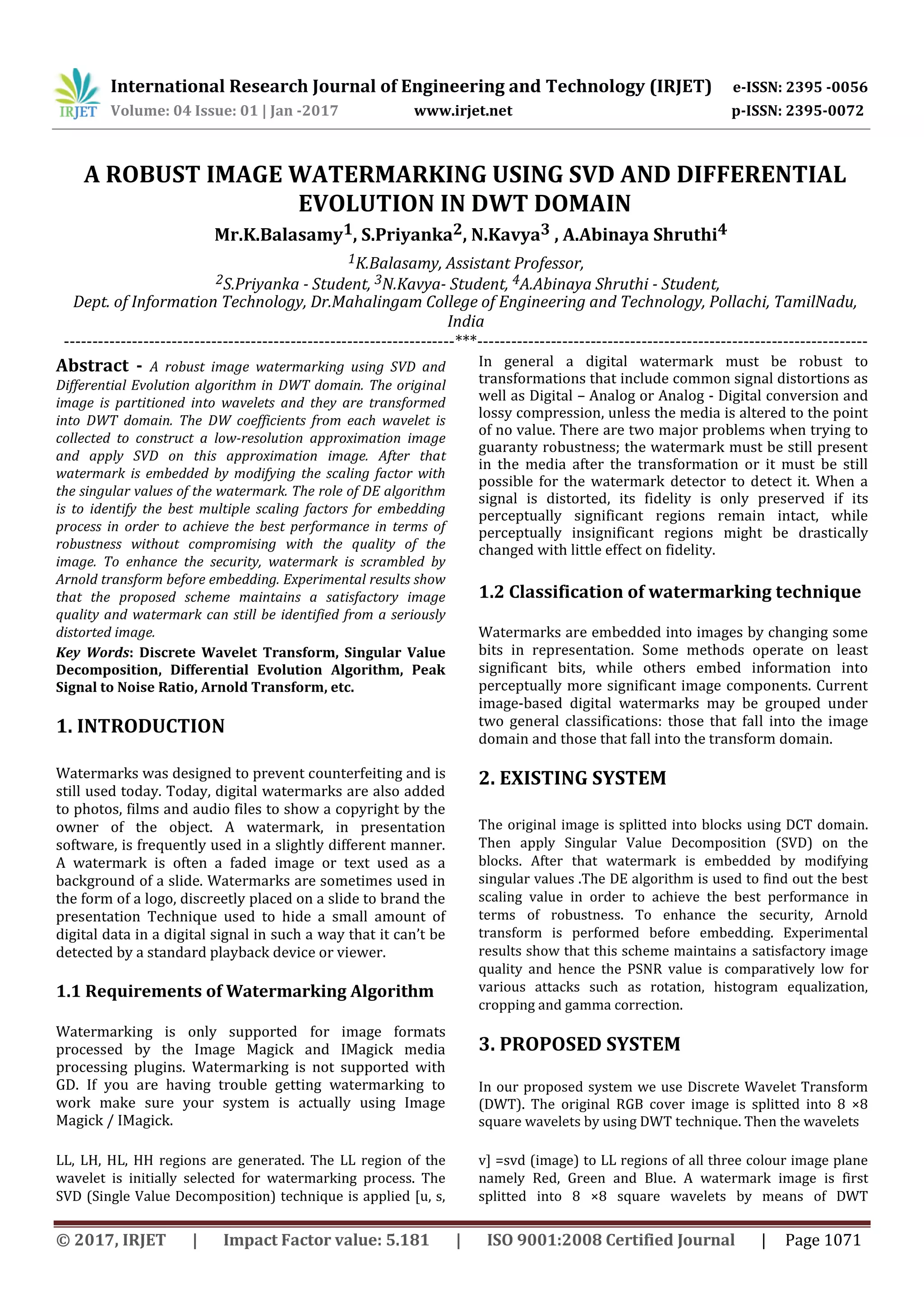 A Robust Image Watermarking using Svd and Differential Evolution in DWT Domain | PDF