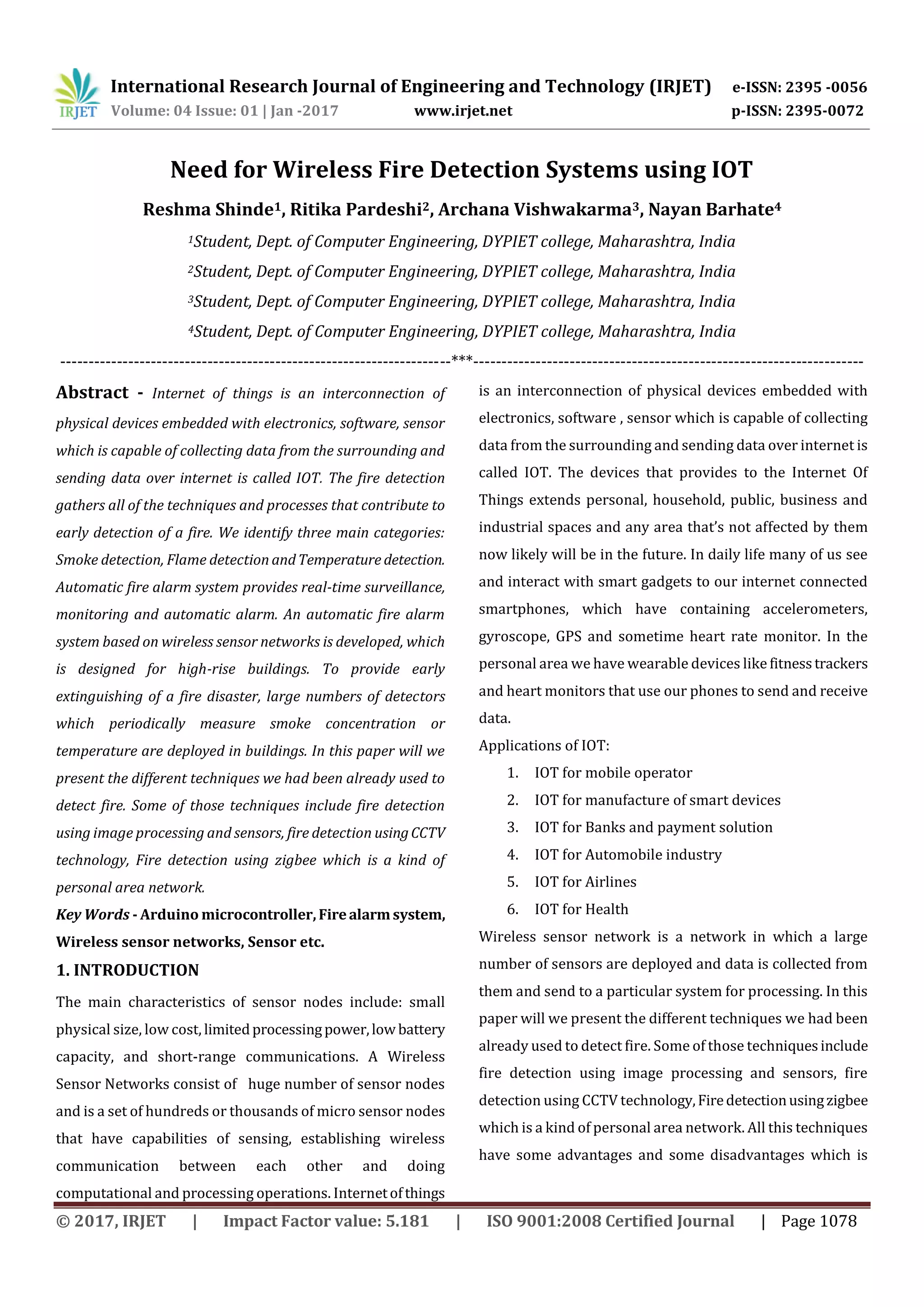 Need for Wireless Fire Detection Systems using IOT | PDF