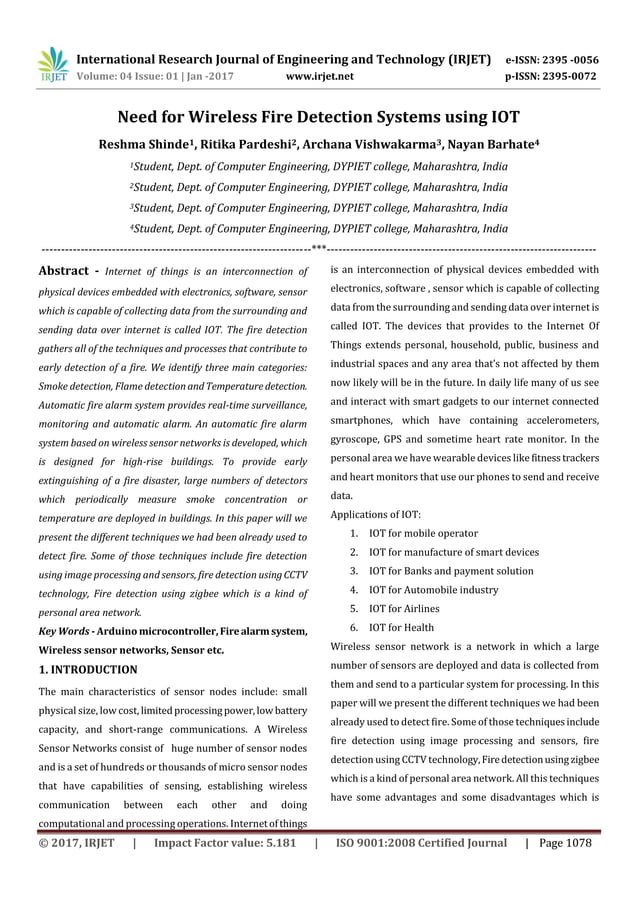 Need for Wireless Fire Detection Systems using IOT | PDF
