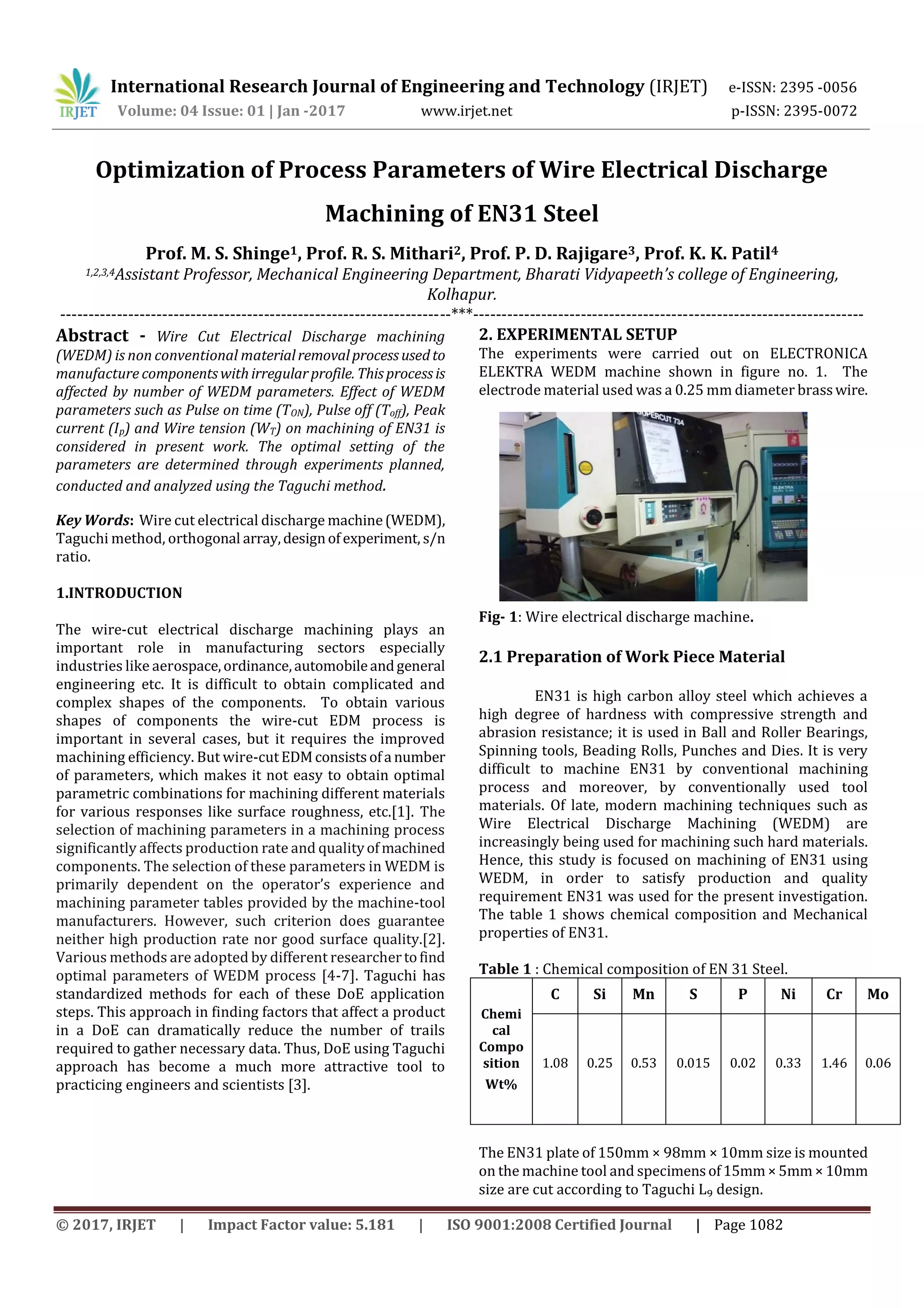 Optimization of Process Parameters of Wire Electrical Discharge Machining of EN31 Steel | PDF ...