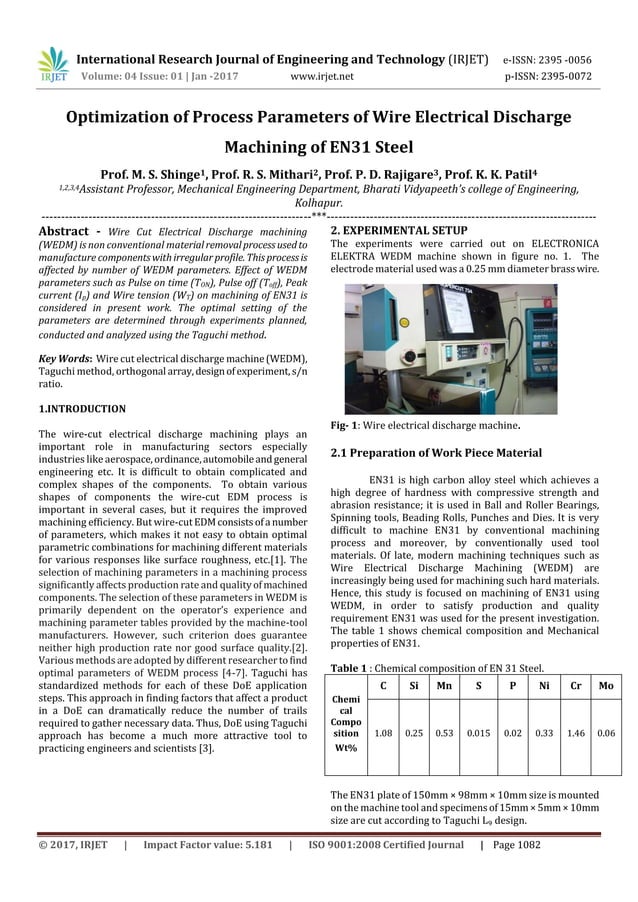 Optimization of Process Parameters of Wire Electrical Discharge Machining of EN31 Steel | PDF ...