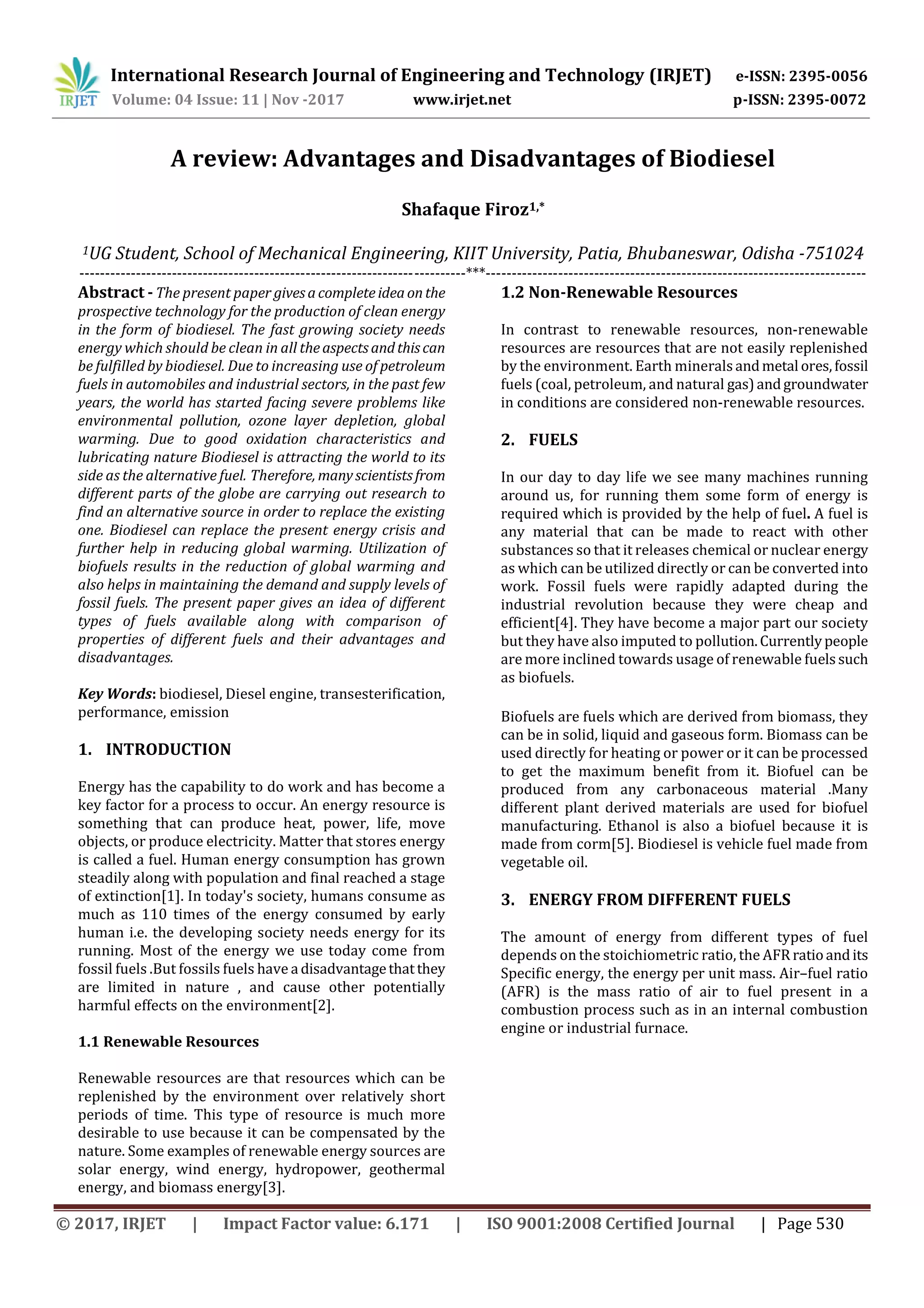 A review: Advantages and Disadvantages of Biodiesel | PDF