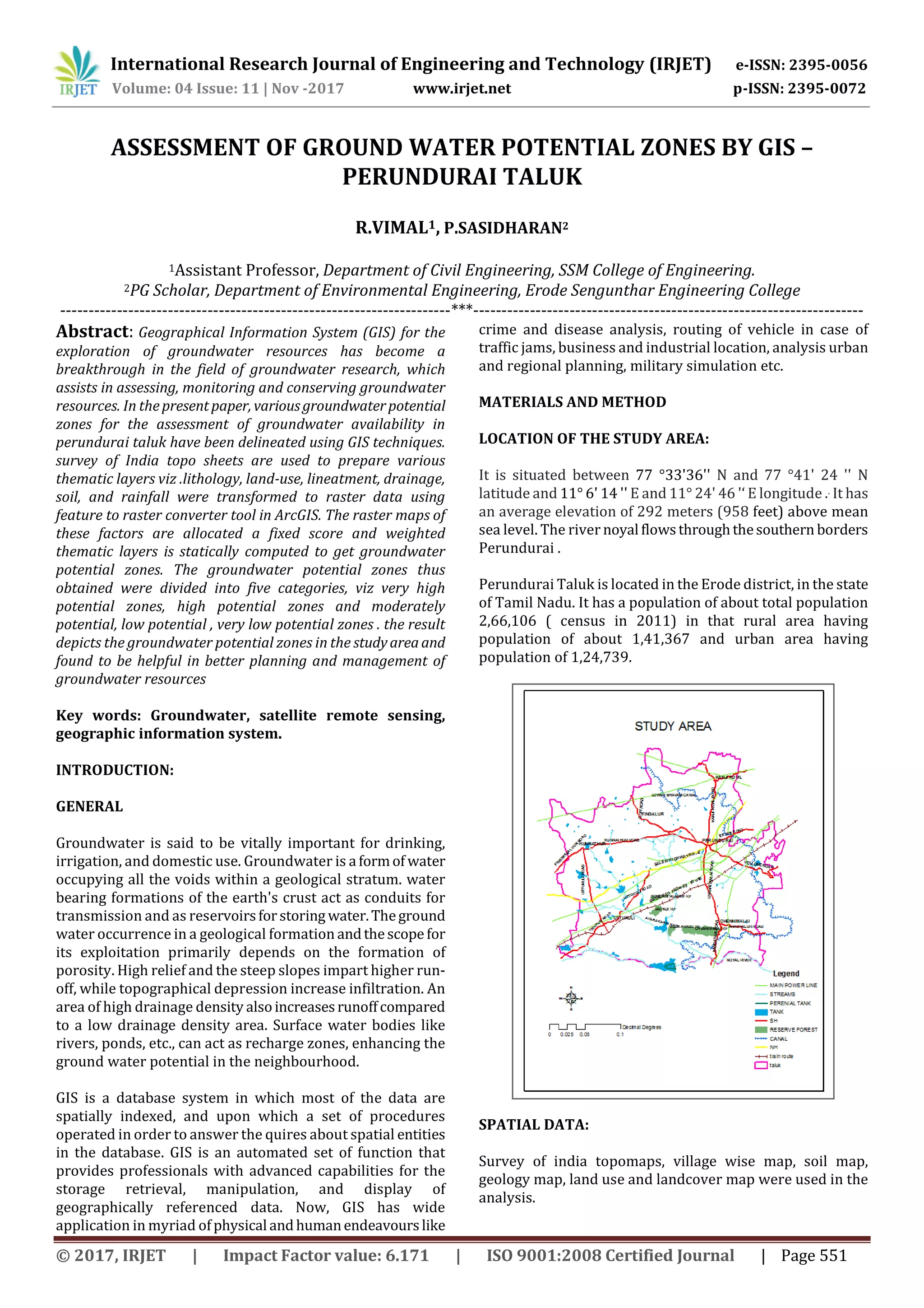 Assessment of Ground Water Potential Zones by GIS – Perundurai Taluk | PDF