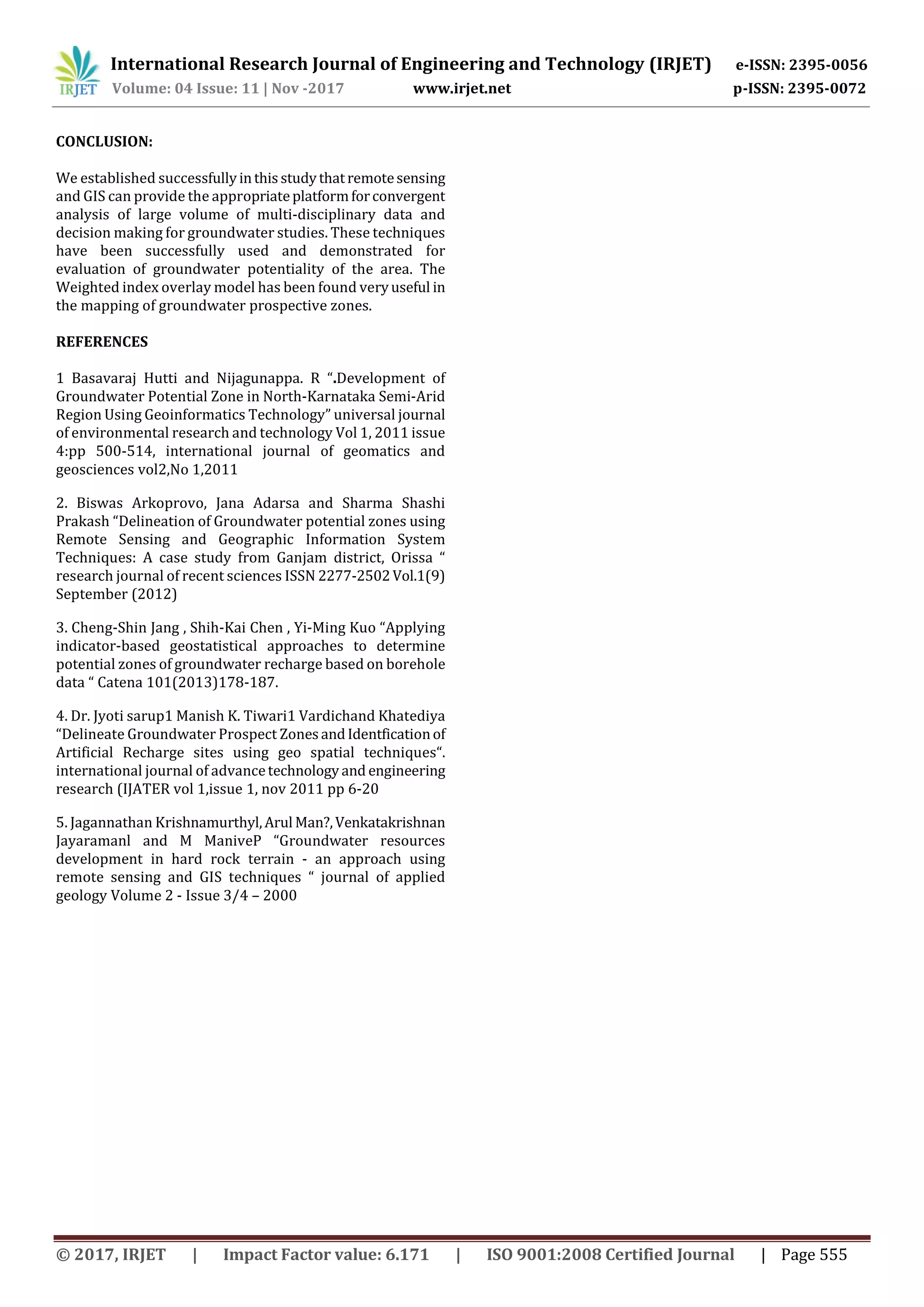 Assessment of Ground Water Potential Zones by GIS – Perundurai Taluk | PDF