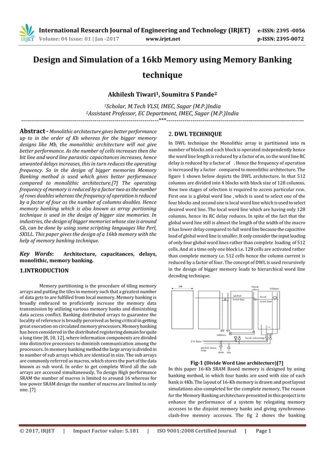 Design and Simulation of a 16kb Memory using Memory Banking technique | PDF
