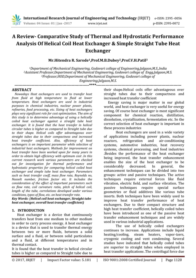 A Review- Comparative Study of Thermal and Hydrostatic Performance Analysis Of Helical Coil Heat ...