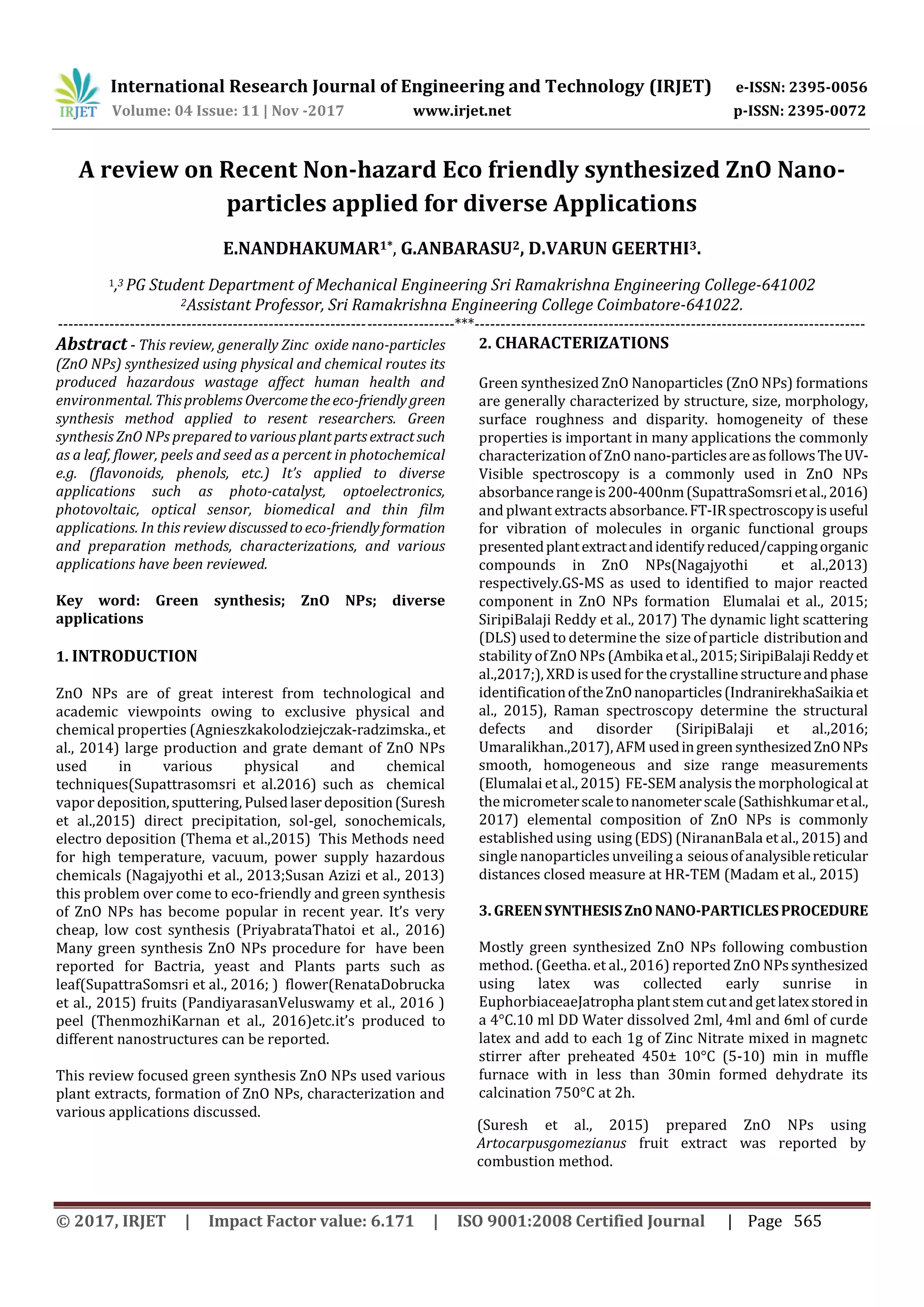 A review on Recent Non-hazard Eco Friendly Synthesized ZnO Nano-Particles Applied for Diverse ...