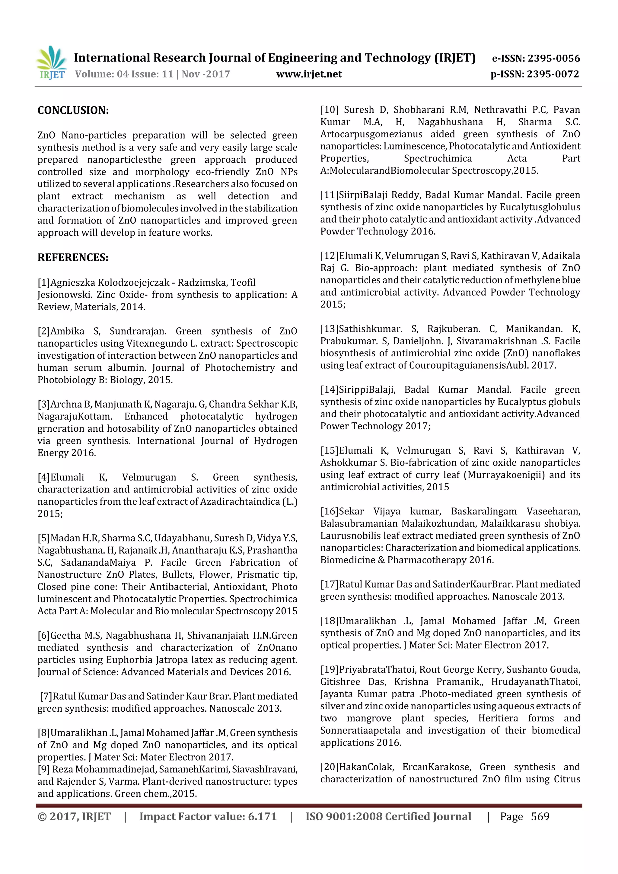 A review on Recent Non-hazard Eco Friendly Synthesized ZnO Nano-Particles Applied for Diverse ...