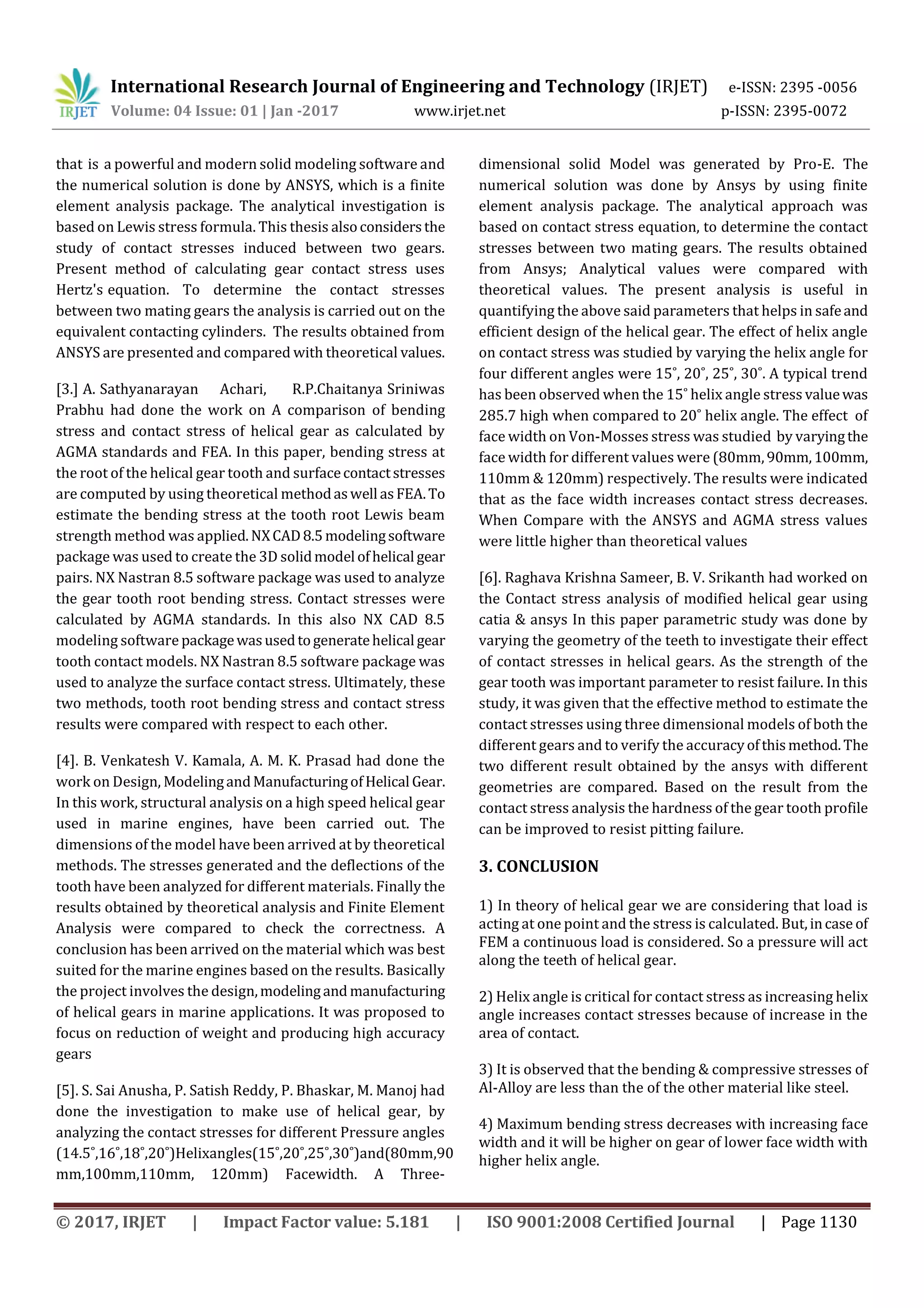 A Review Paper on Design and Analysis of Helical Gear Using ANSYS, FEM ...