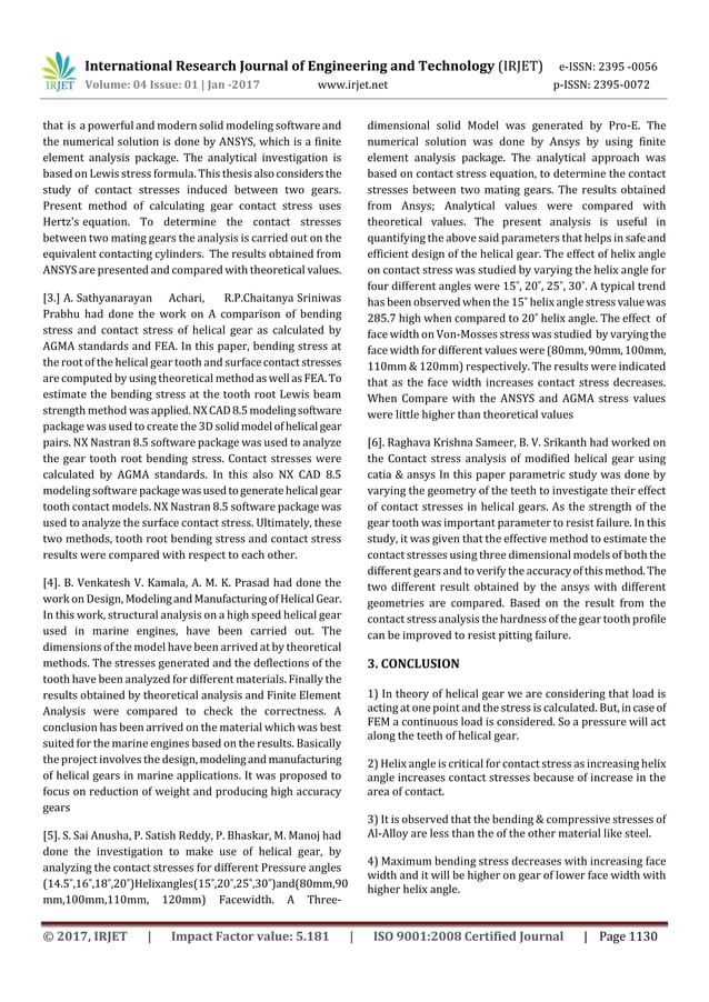 A Review Paper on Design and Analysis of Helical Gear Using ANSYS, FEM ...