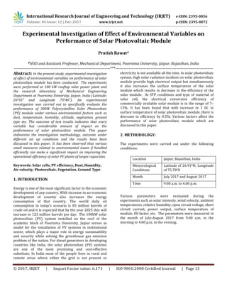 Experimental Investigation of Effect of Environmental Variables on ...