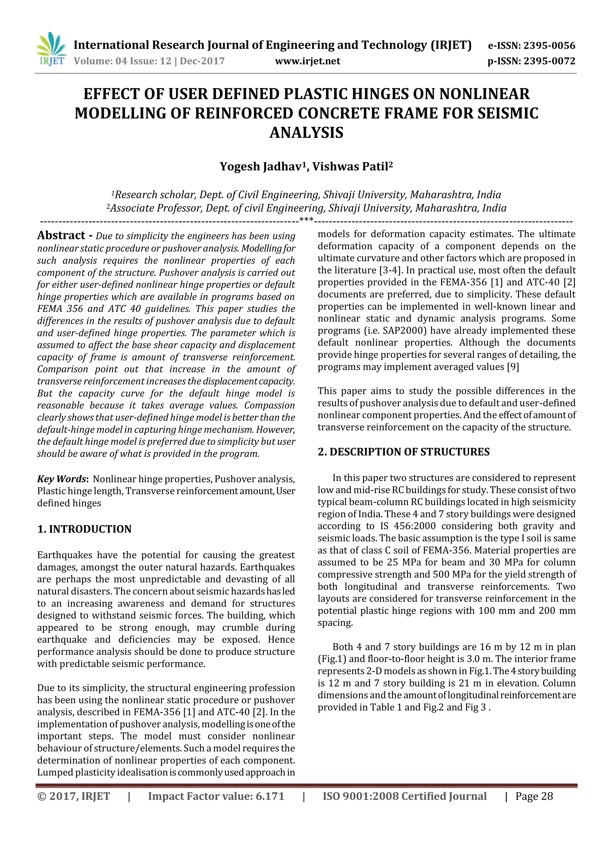 Effect of User Defined Plastic Hinges on Nonlinear Modelling of ...