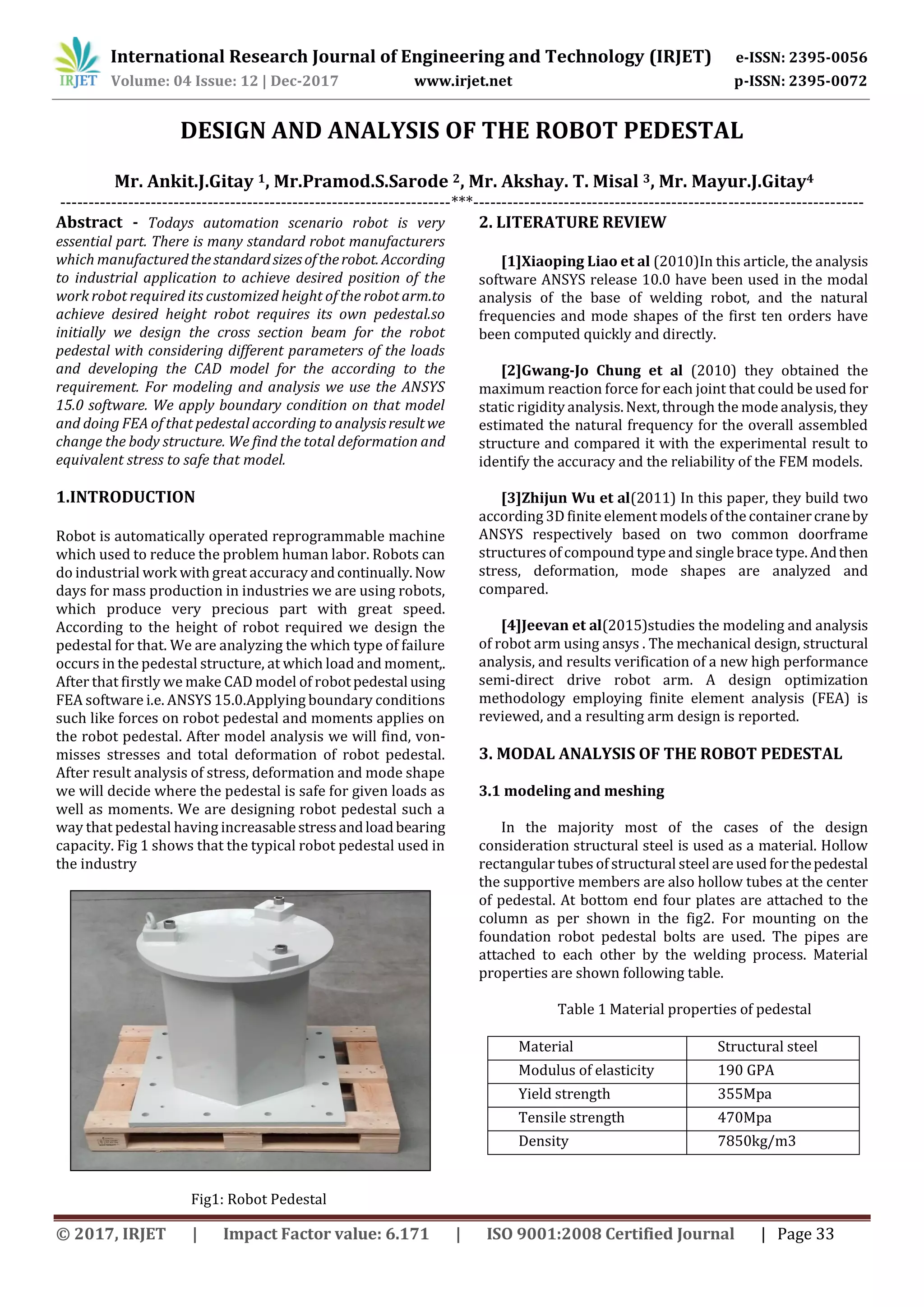 Design and Analysis of the Robot Pedestal | PDF