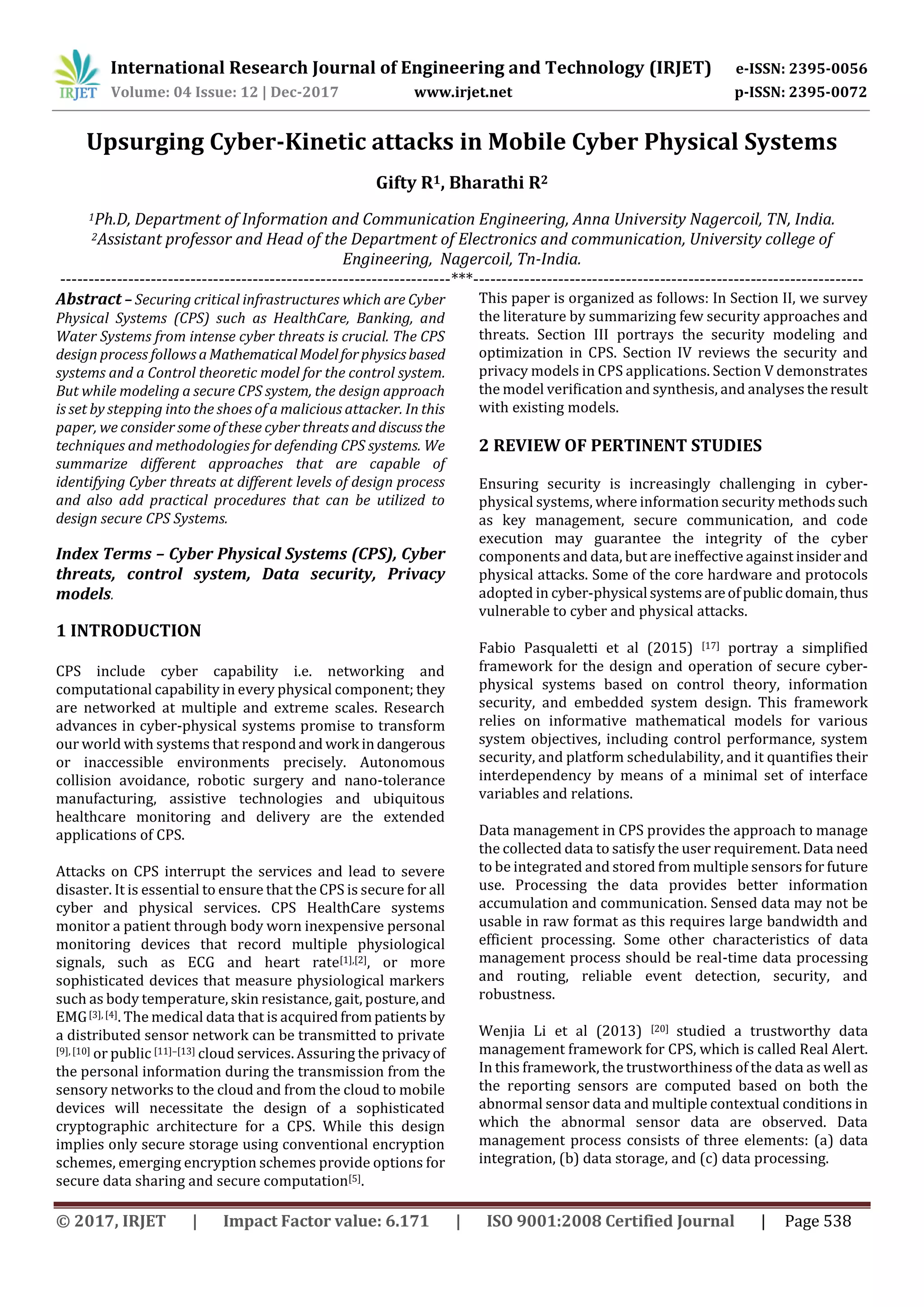 Upsurging Cyber-Kinetic attacks in Mobile Cyber Physical Systems | PDF ...