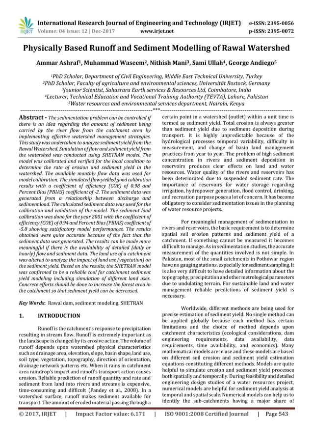 Physically Based Runoff and Sediment Modelling of Rawal Watershed | PDF