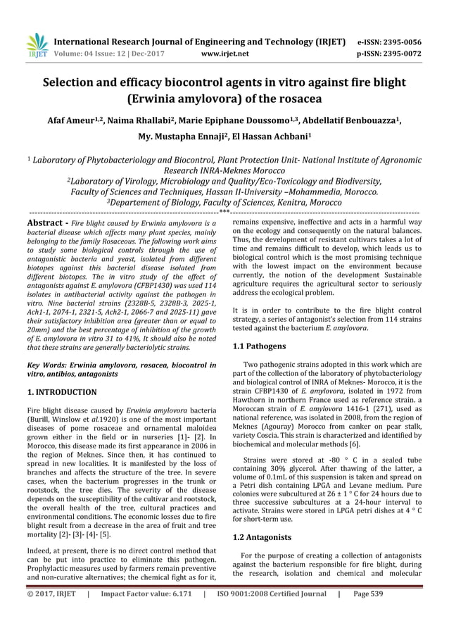 Selection and Efficacy Biocontrol Agents in Vitro against Fire Blight ...