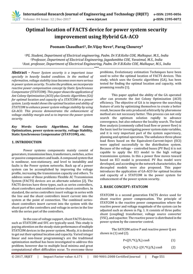 Optimal Location Of Facts Device For Power System Security Improvement Using Hybrid Ga Aco Pdf