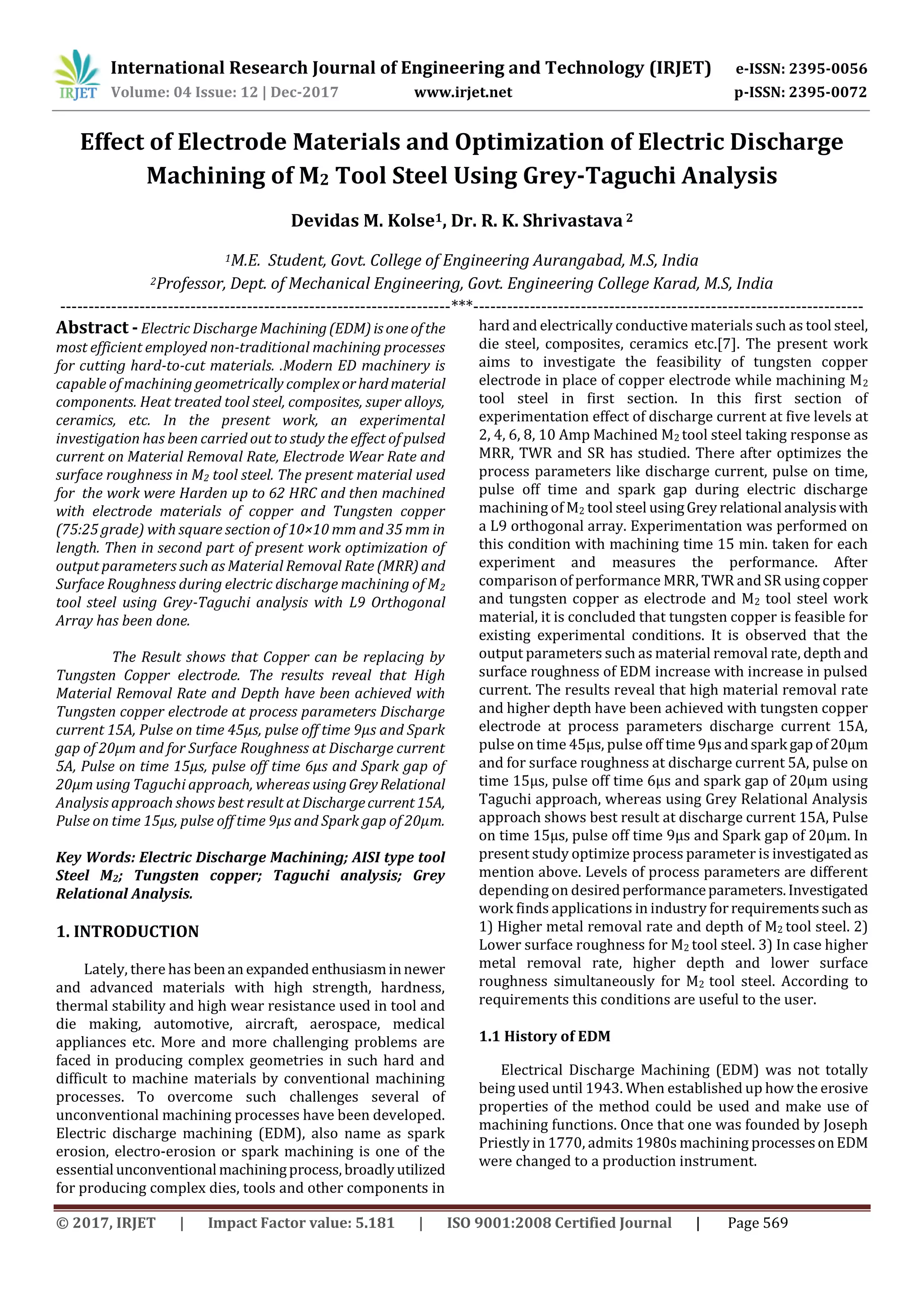 Effect of Electrode Materials and Optimization of Electric Discharge ...