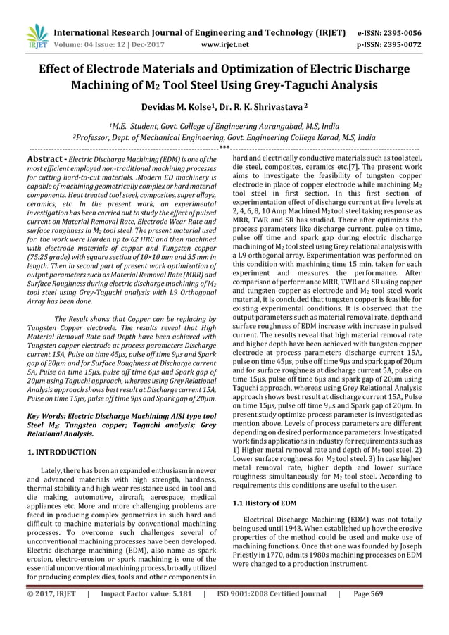Effect of Electrode Materials and Optimization of Electric Discharge Machining of M2 Tool Steel ...