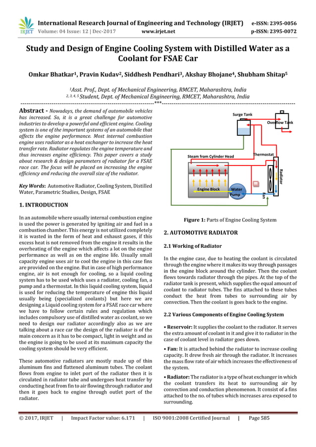 Study and Design of Engine Cooling System with Distilled Water as a ...