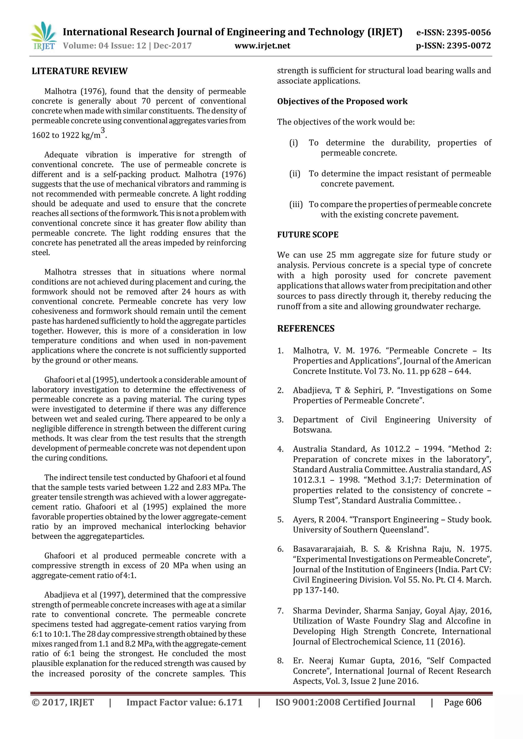 A Review Paper on Permeable Concrete as a Road Pavement | PDF