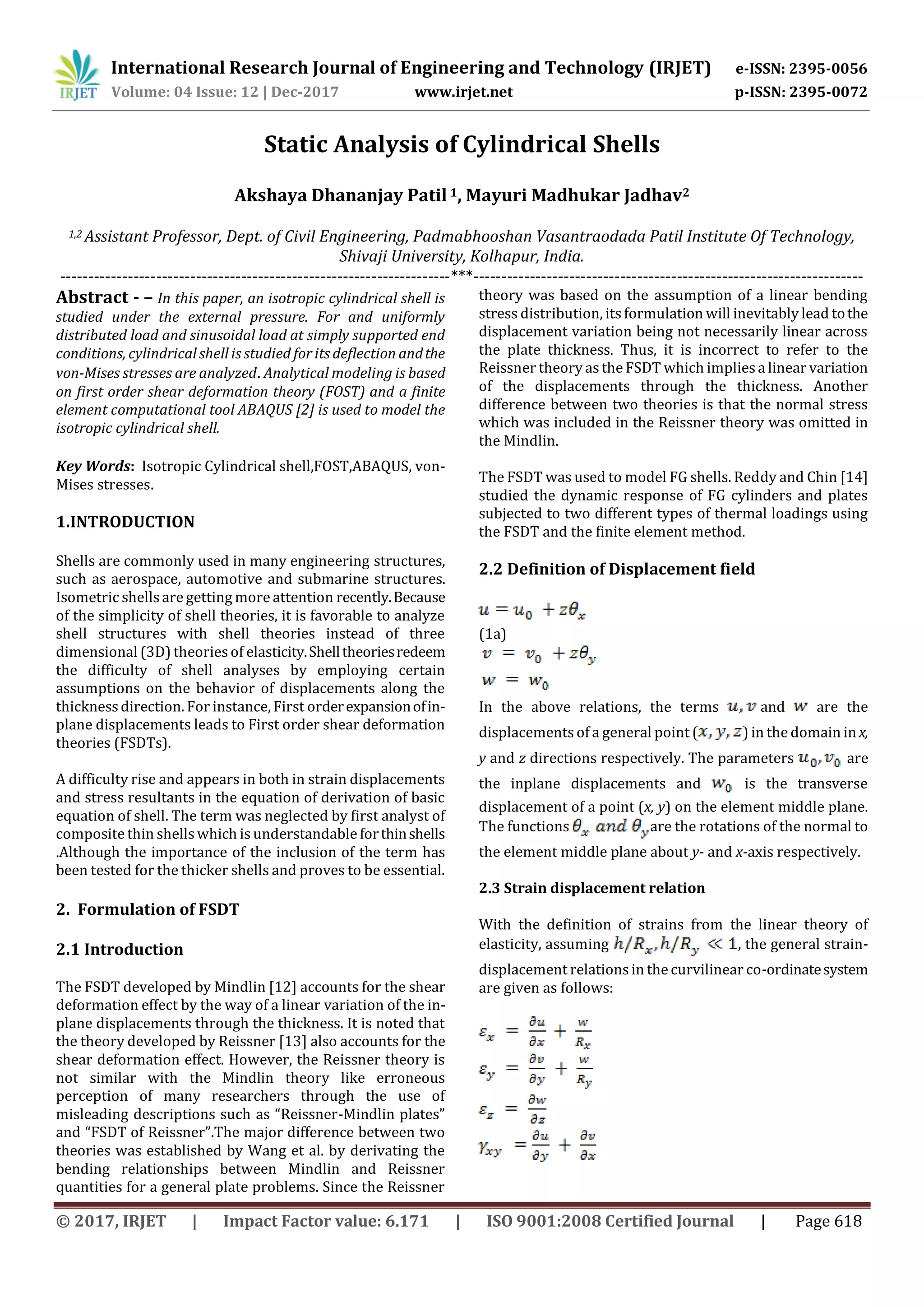 Static Analysis of Cylindrical Shells | PDF