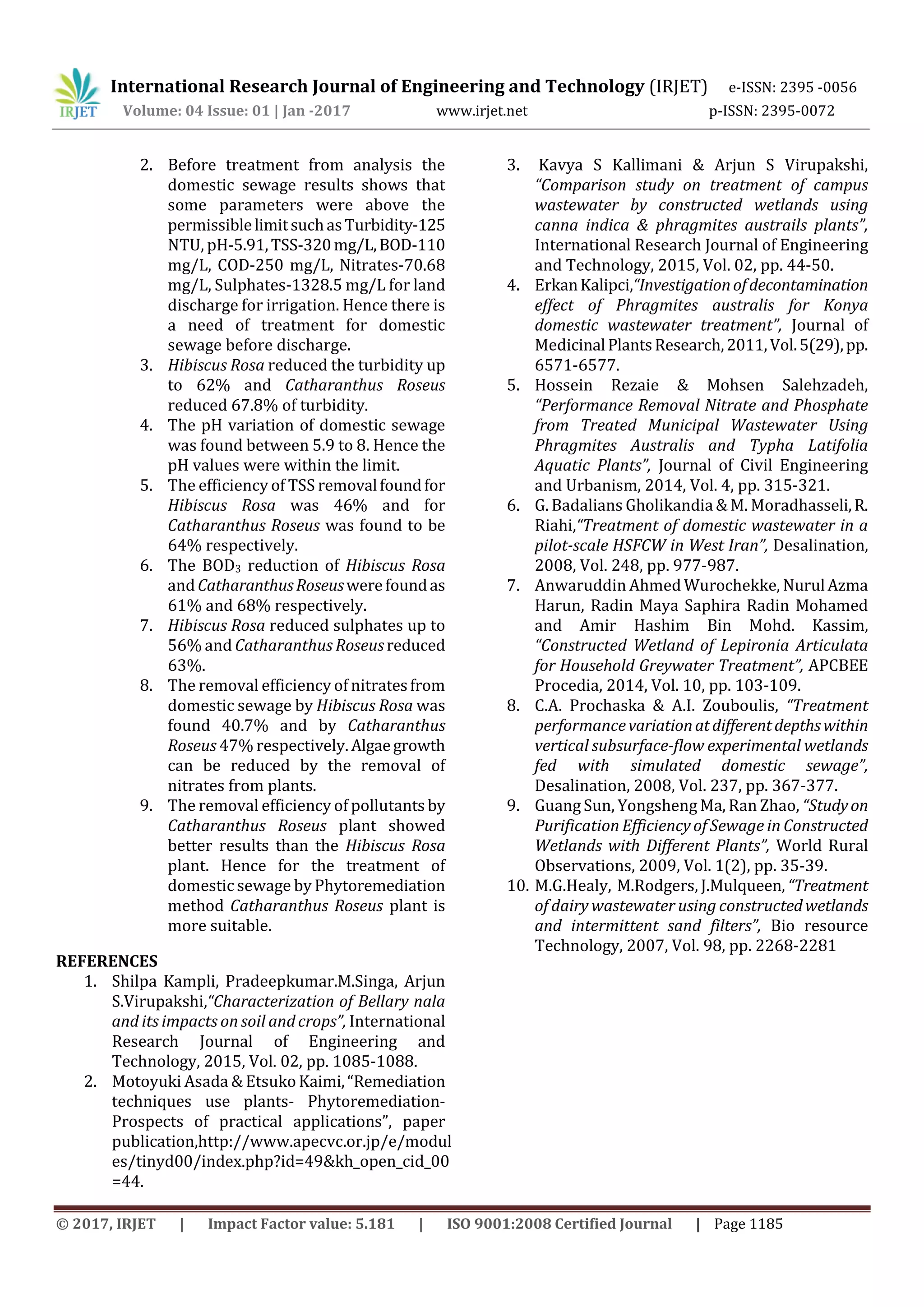 Phytoremediation of domestic sewage by Hibiscus Rosa and Catharanthus ...