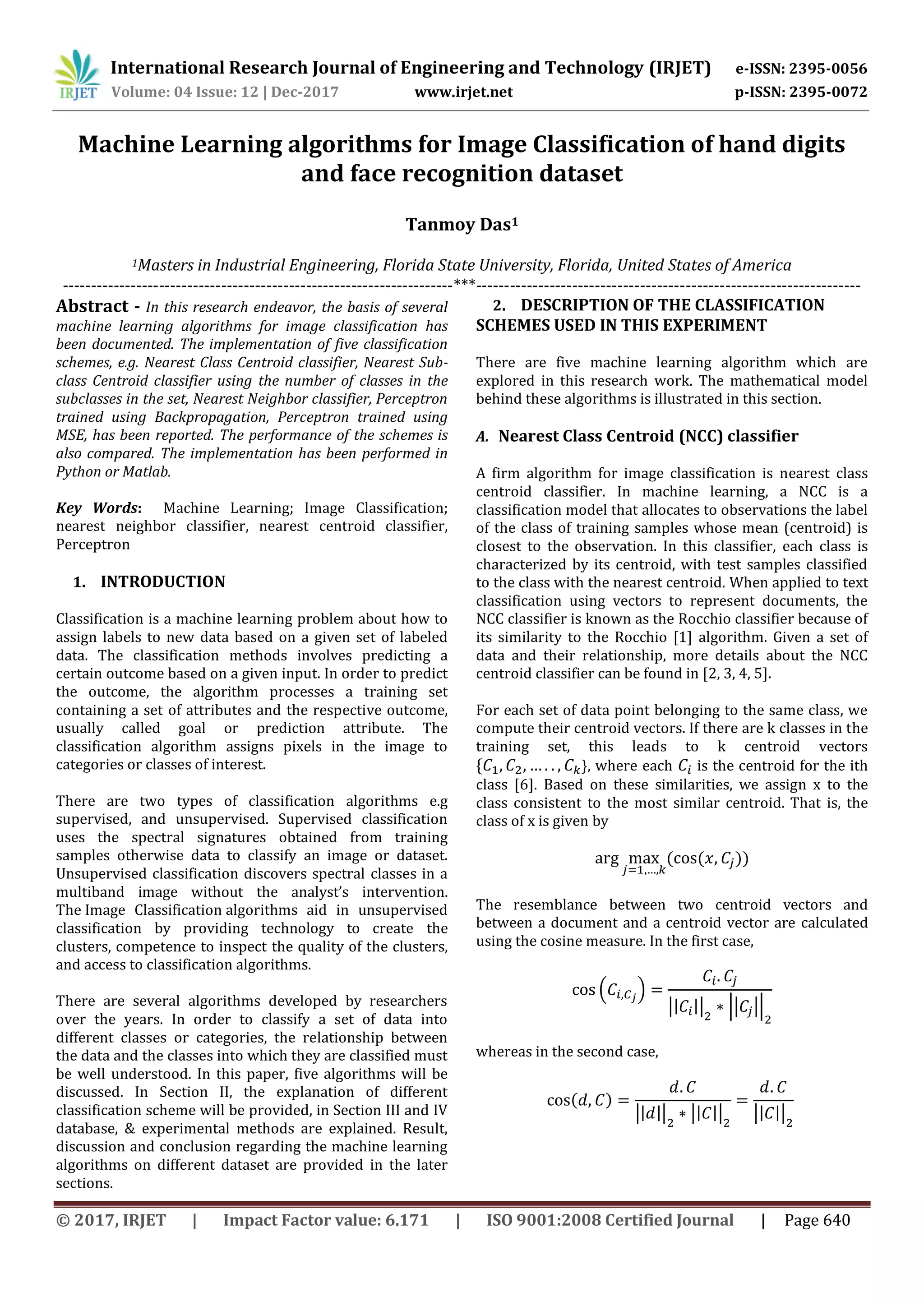 Machine Learning Algorithms For Image Classification Of Hand Digits And Face Recognition Dataset