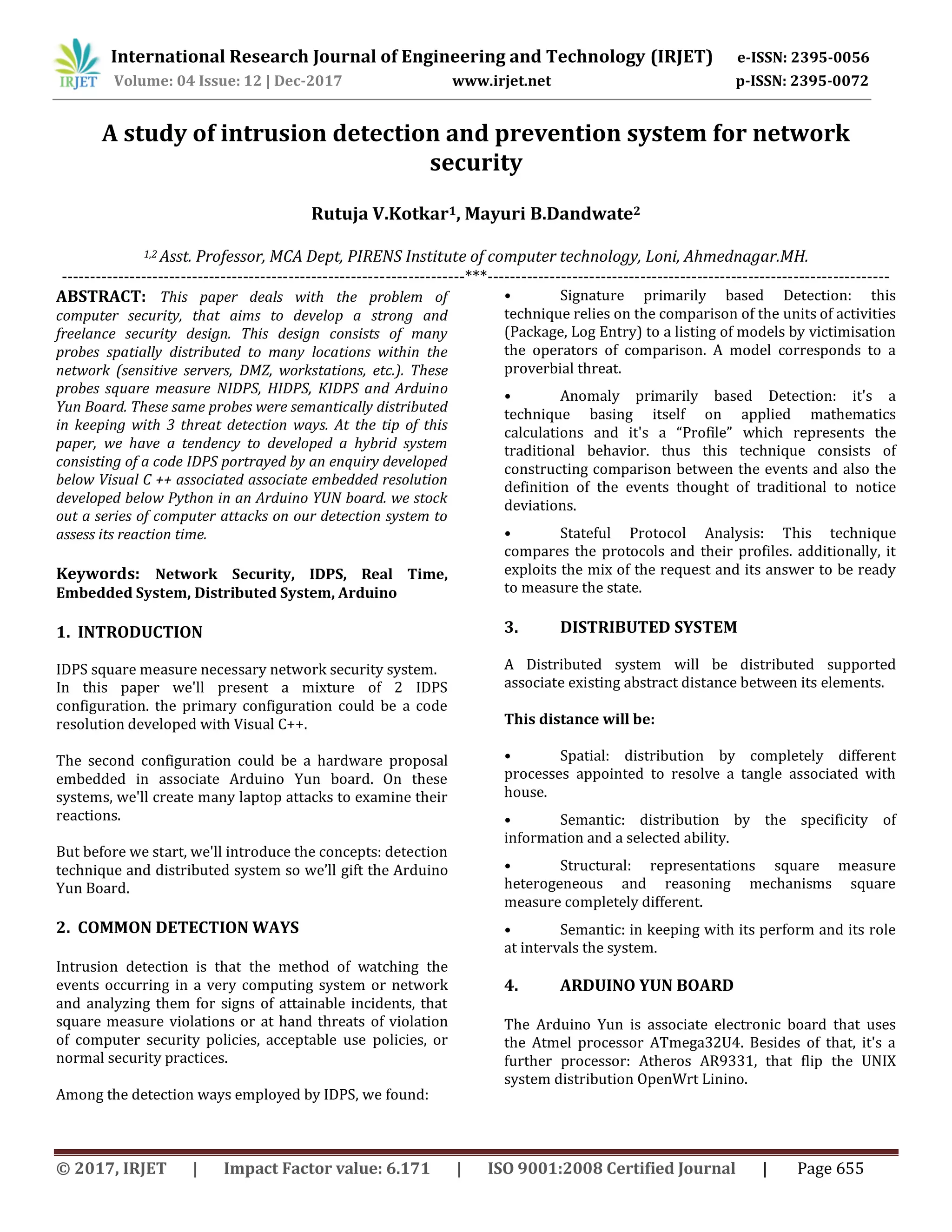 A Study of Intrusion Detection and Prevention System for Network Security | PDF