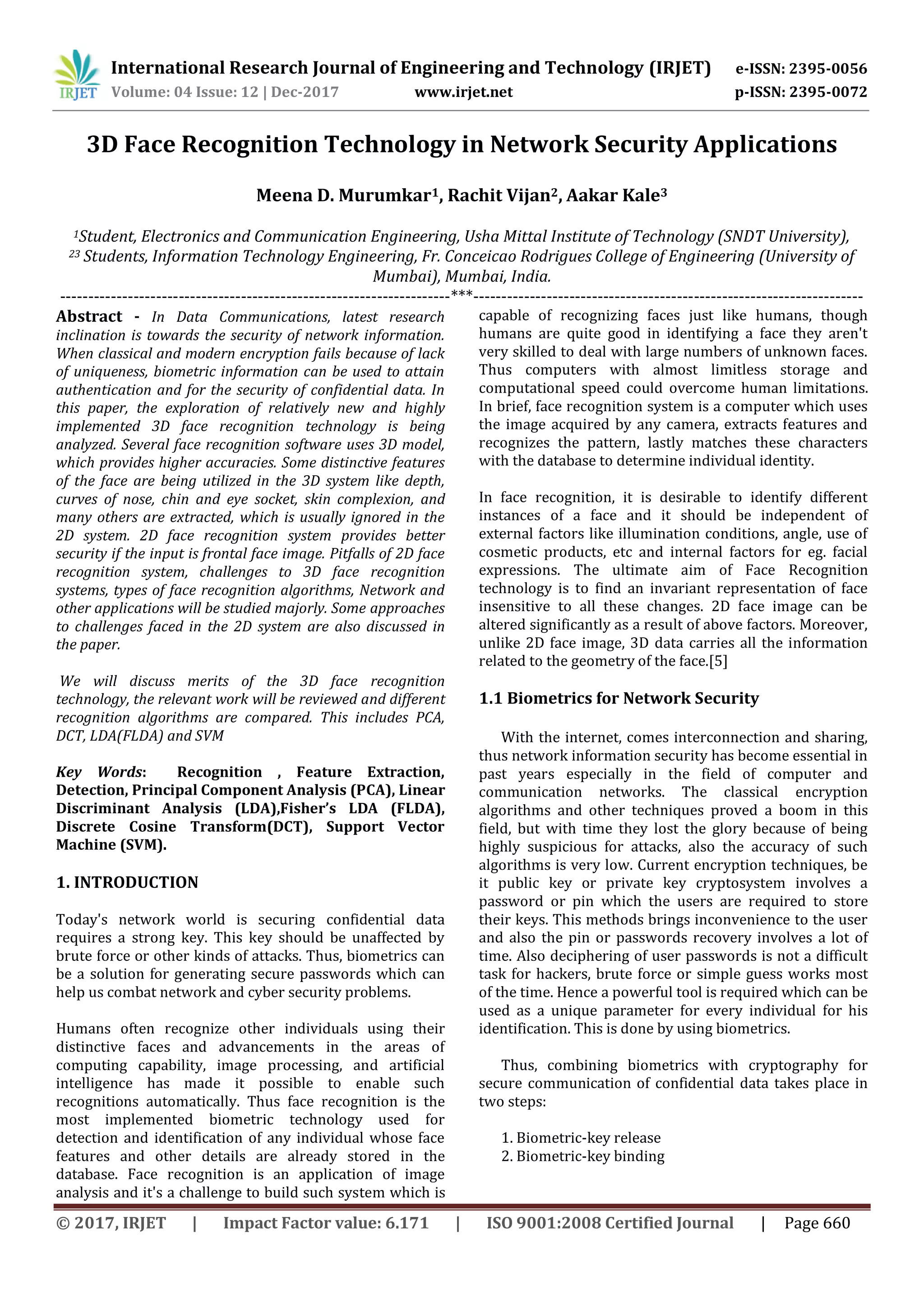 3D Face Recognition Technology in Network Security Applications | PDF